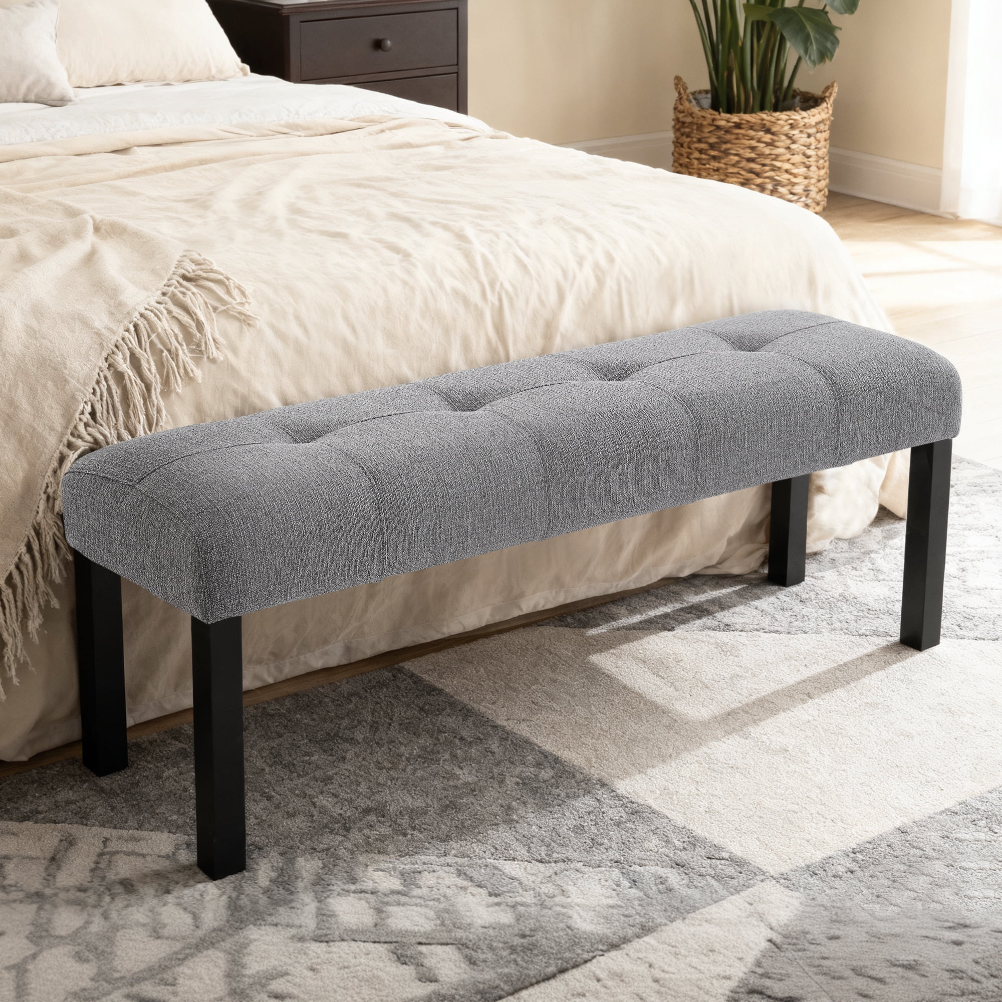 Modern Tufted Linen Dining Bench, Upholstered Entryway Bench with ...