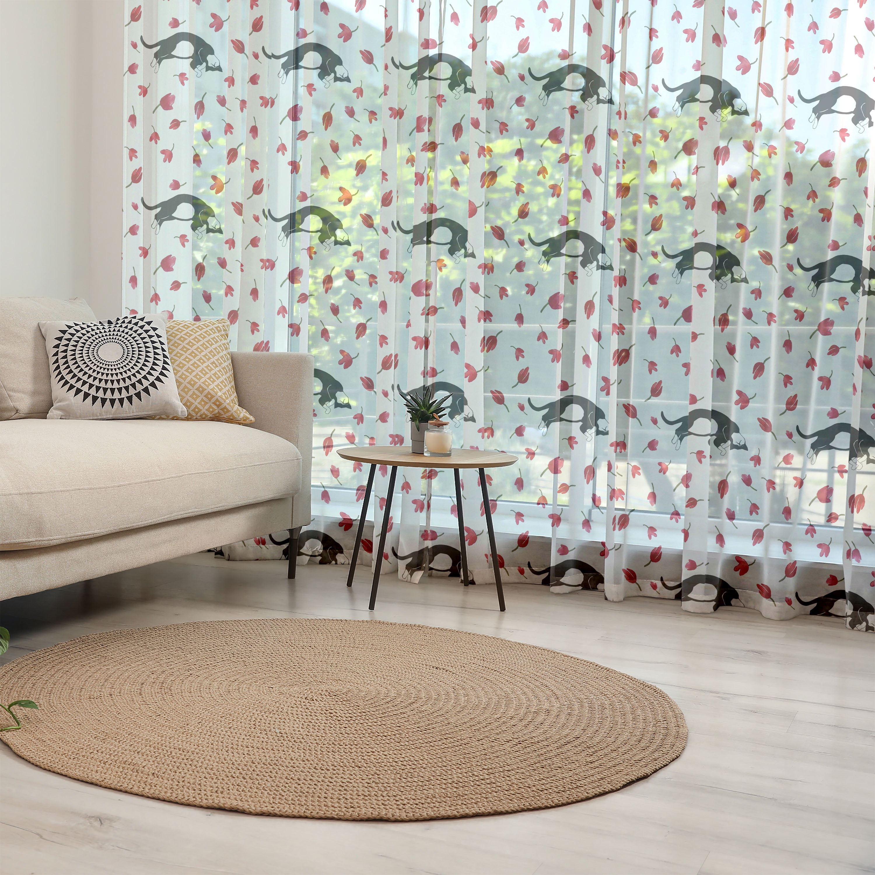 Modern Tulle Curtains with Rod Pocket, Kitty Sleeping Surrounded by ...