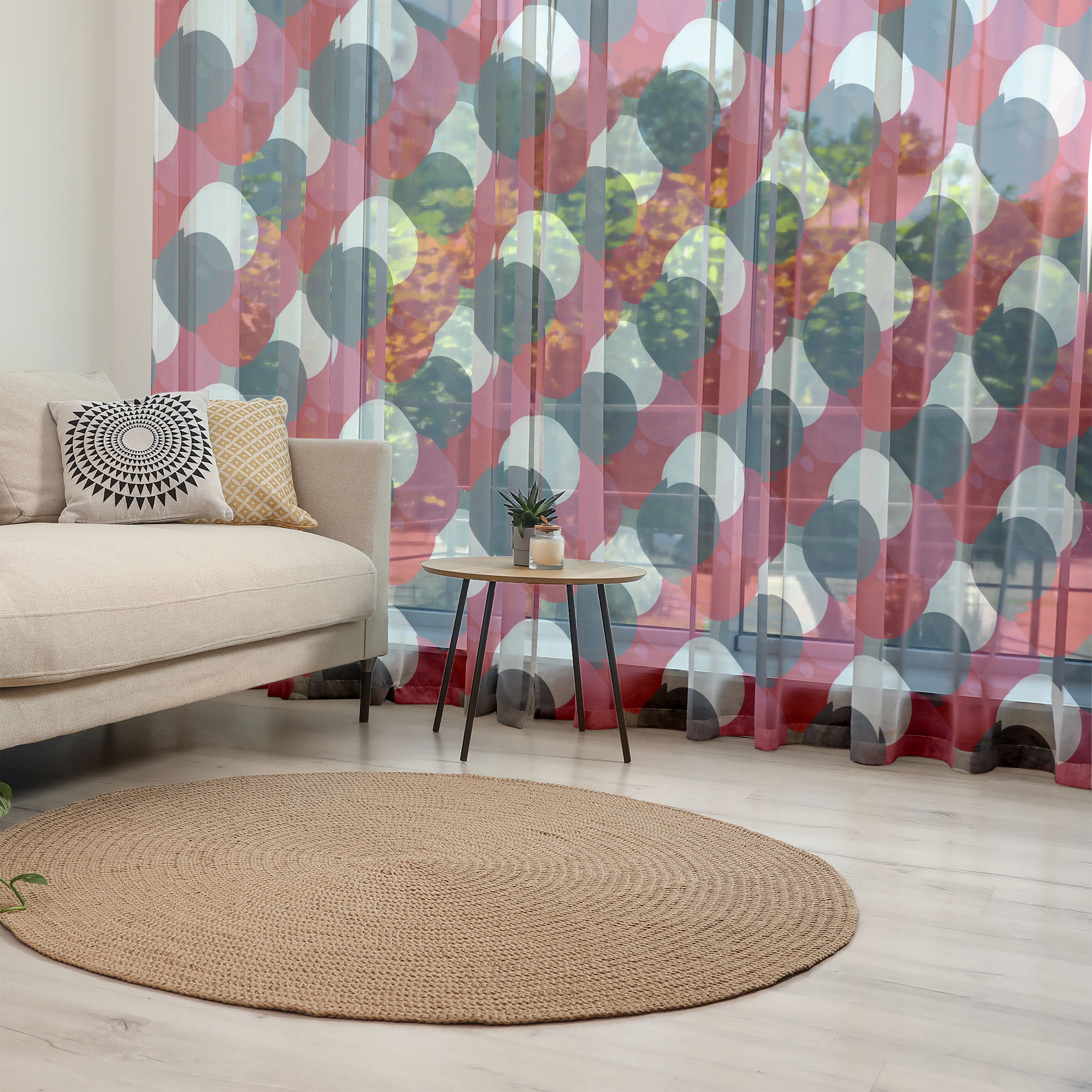 Modern Tulle Curtains with Rod Pocket, Ornate Abstract Circular Shapes ...