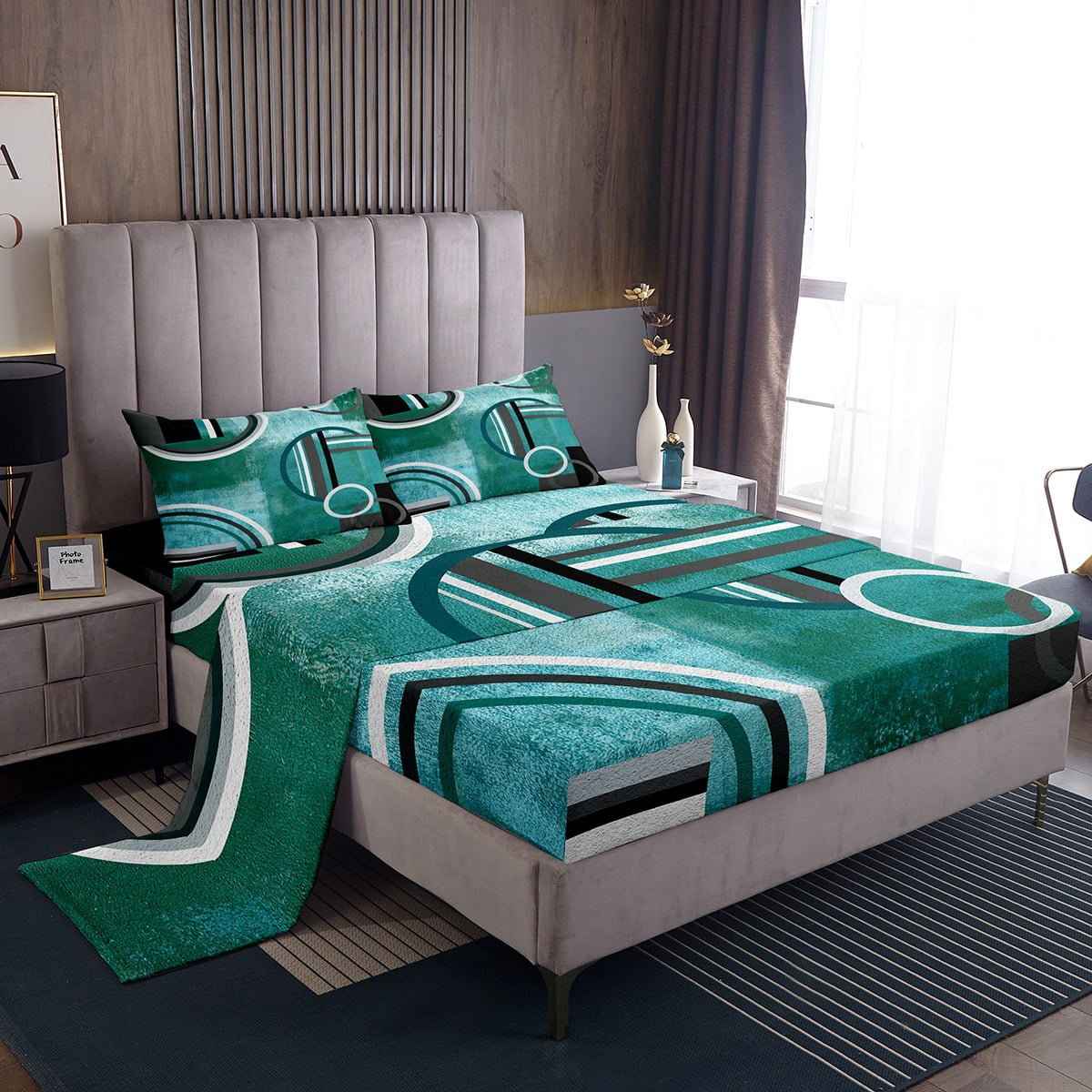 Modern Turquoise Decor Bed Sheets Set Teens Youth,Geometric Striped ...