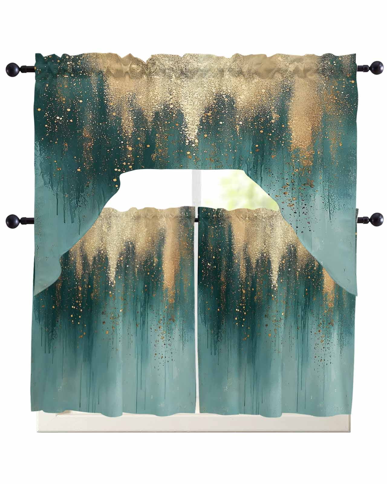 Modern Turquoise Gold Kitchen Curtains Swag Valance and Tier Curtains ...