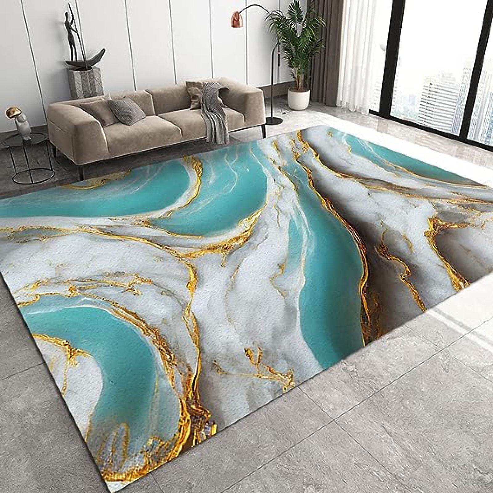 5' x 7' Modern Turquoise White Marble Rug, Gold Gray Texture Print, Non ...