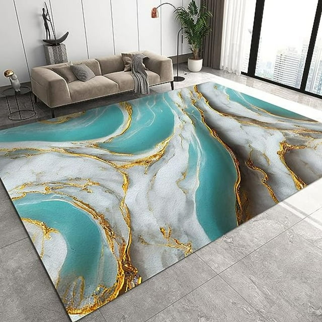 5' x 7' Modern Turquoise White Marble Rug, Gold Gray Texture Print, Non ...