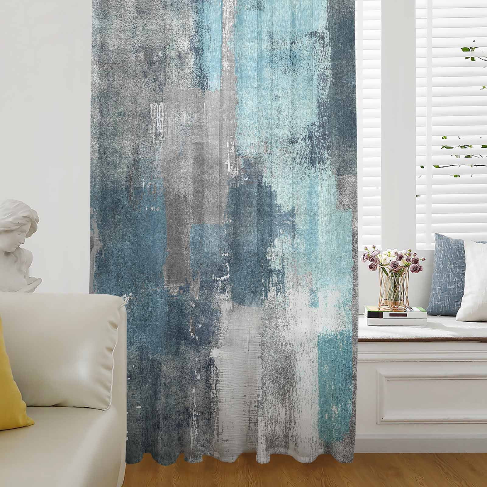 Modern Turquoise Window Curtain 96 Inches Long,Abstract Graffiti Square ...