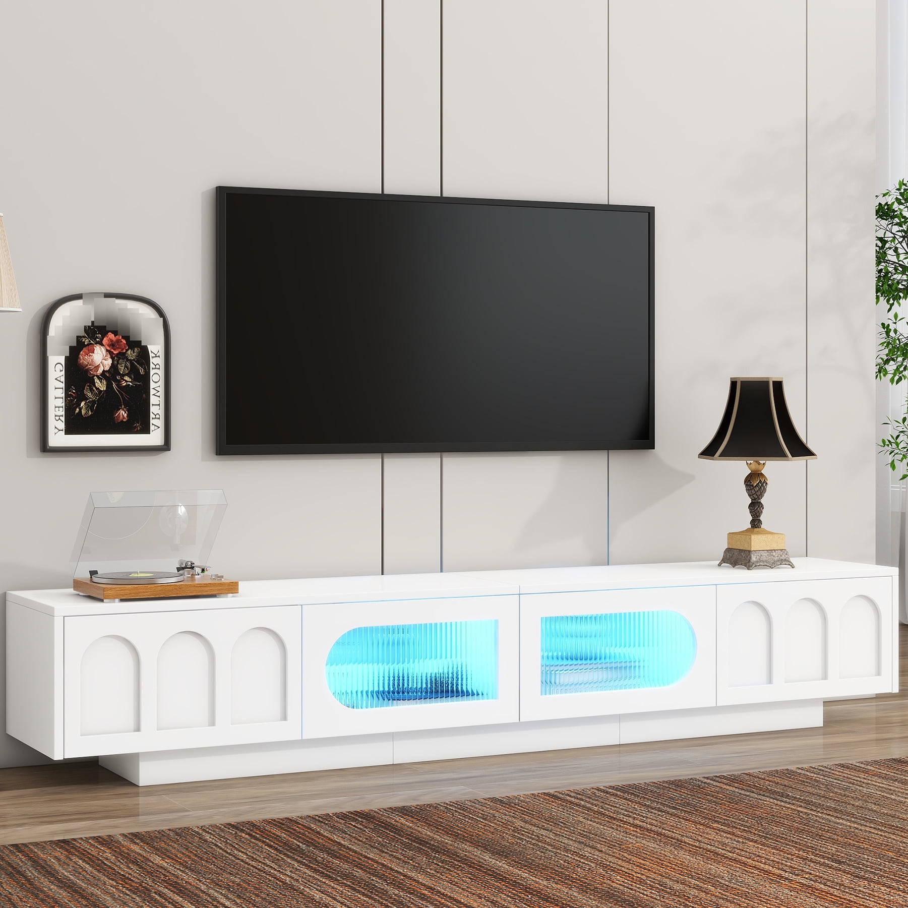 Modern Tv Stand For 95" Screens, White, With Tempered Fluted Glass ...