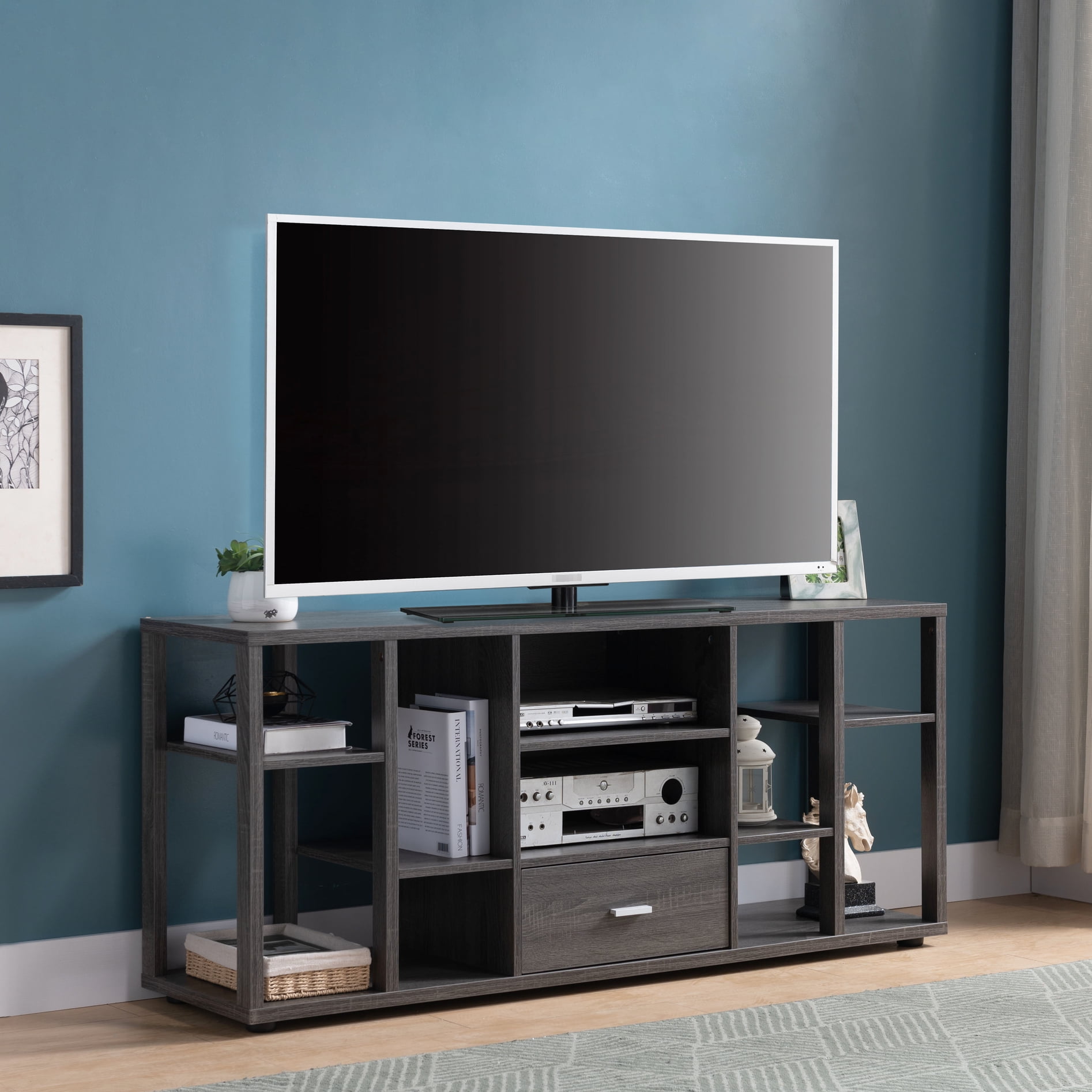 Modern Tv Stand In Grey. Ten Shelves And One Drawer. Metal Glide For Drawer Fabulous. Cord ...