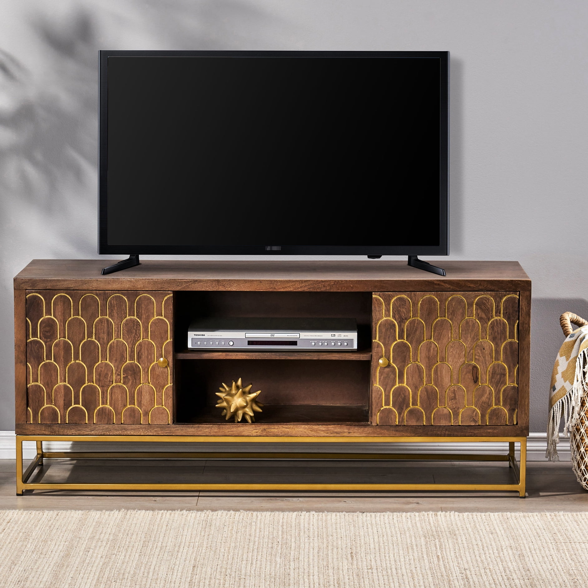 Modern Tv Stand In Walnut+gold, Mango Wood & Iron, Handmade, 51"w X 16 ...