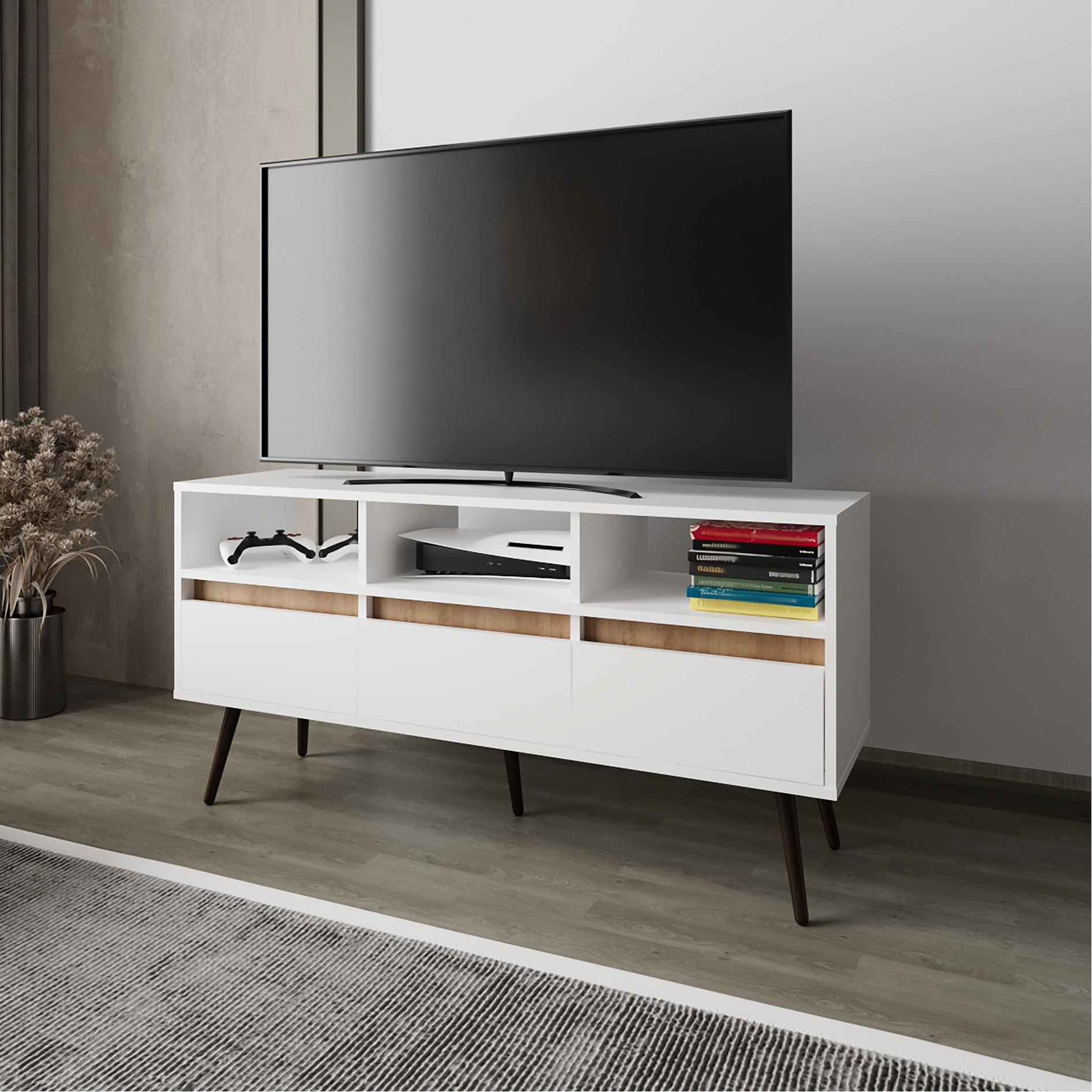 Modern Tv Stand, White + Natural Oak, 3 Drawers & Shelves, Ample ...