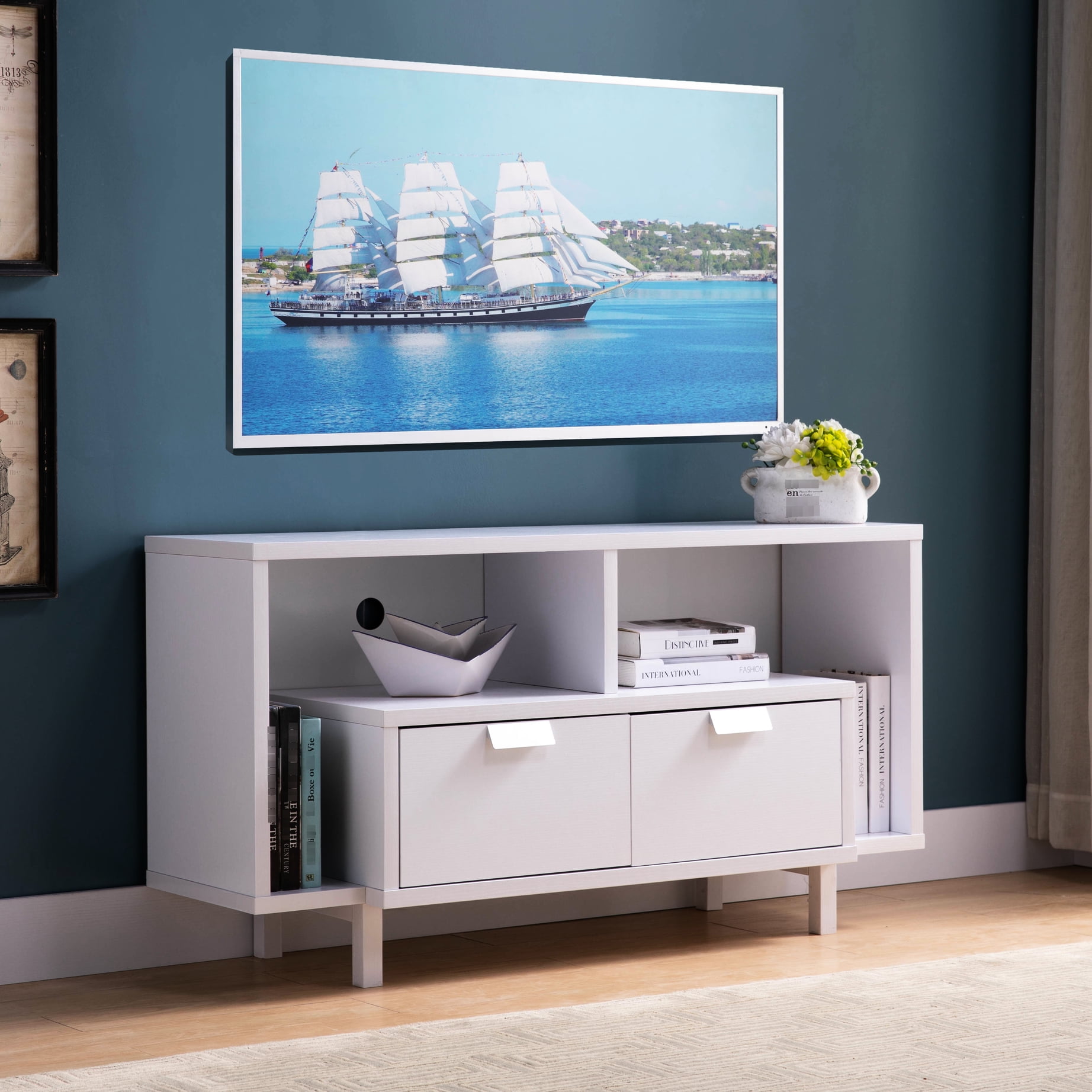 Modern Tv Stand In White With Two Shelves & Drawers, Supports 100lbs ...