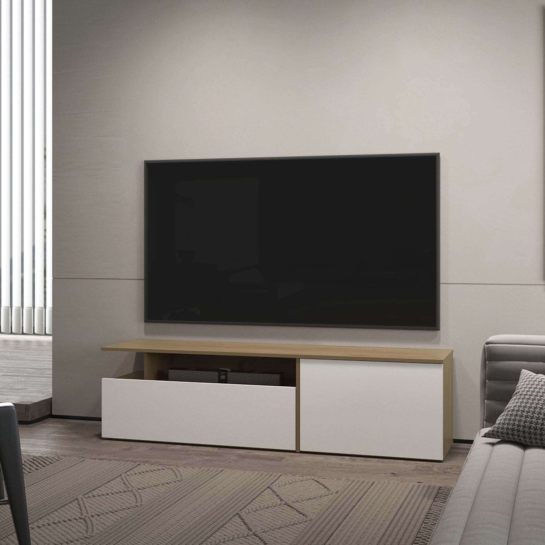 Modern Tv Table With Drop-down & Hinged Doors, Open Shelving For Mp3 ...