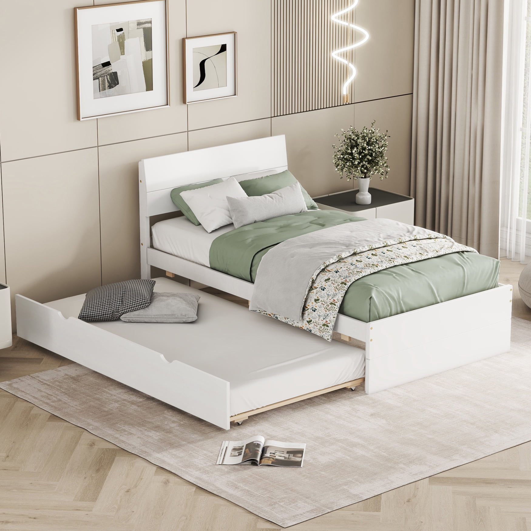 Modern Twin Bed Frame with Twin Trundle, Solid Wood Platform Bed with ...
