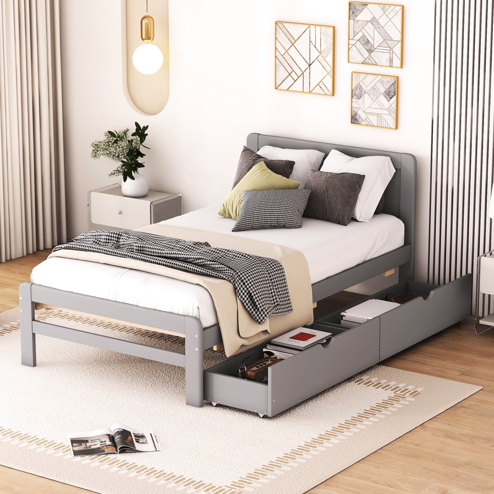 Modern Twin Bed Frame With 2 Drawers, Grey Color, Construction Drawer ...