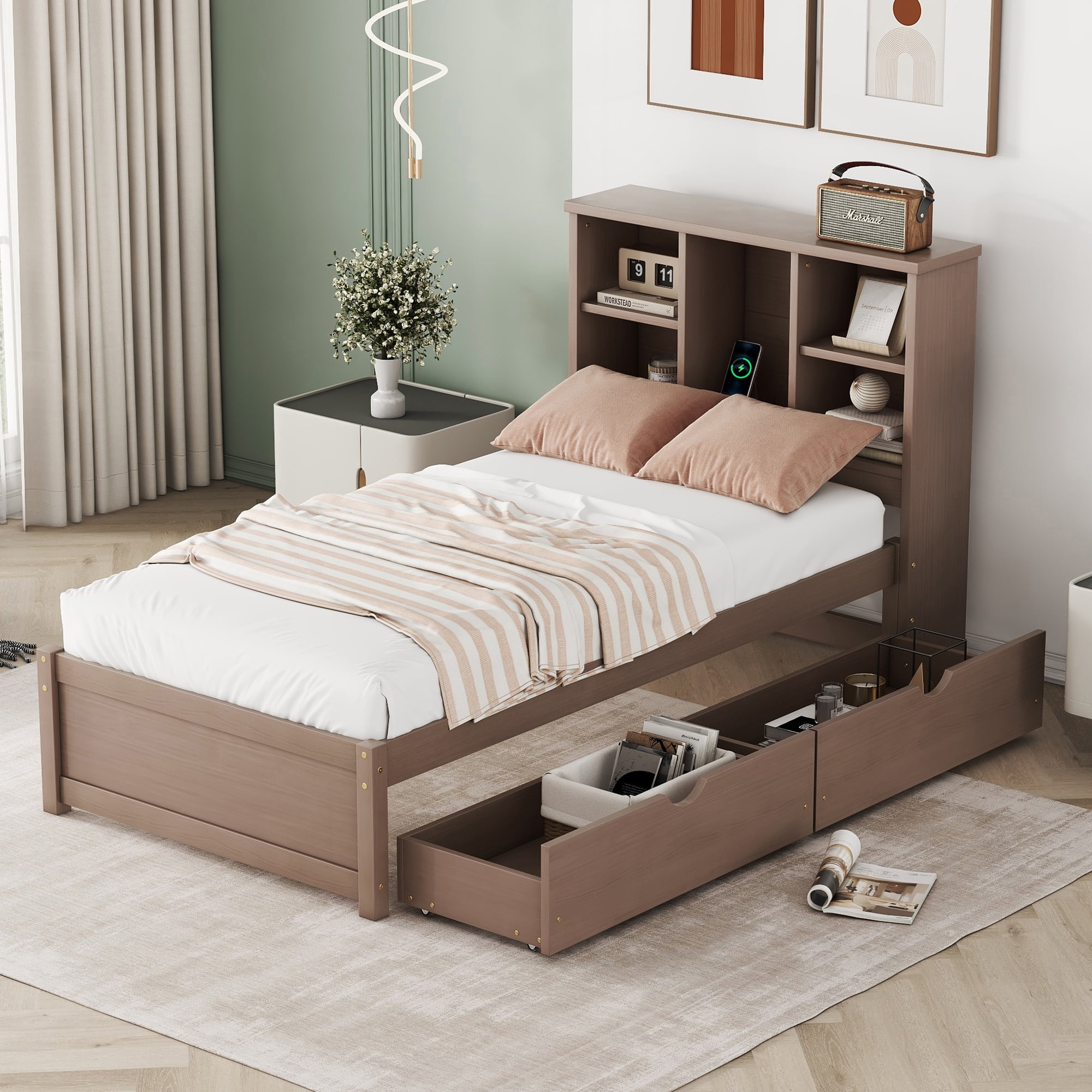 Modern Twin Bed Frame w/ USB, Bookcase Headboard & 2 Drawers - Walnut ...