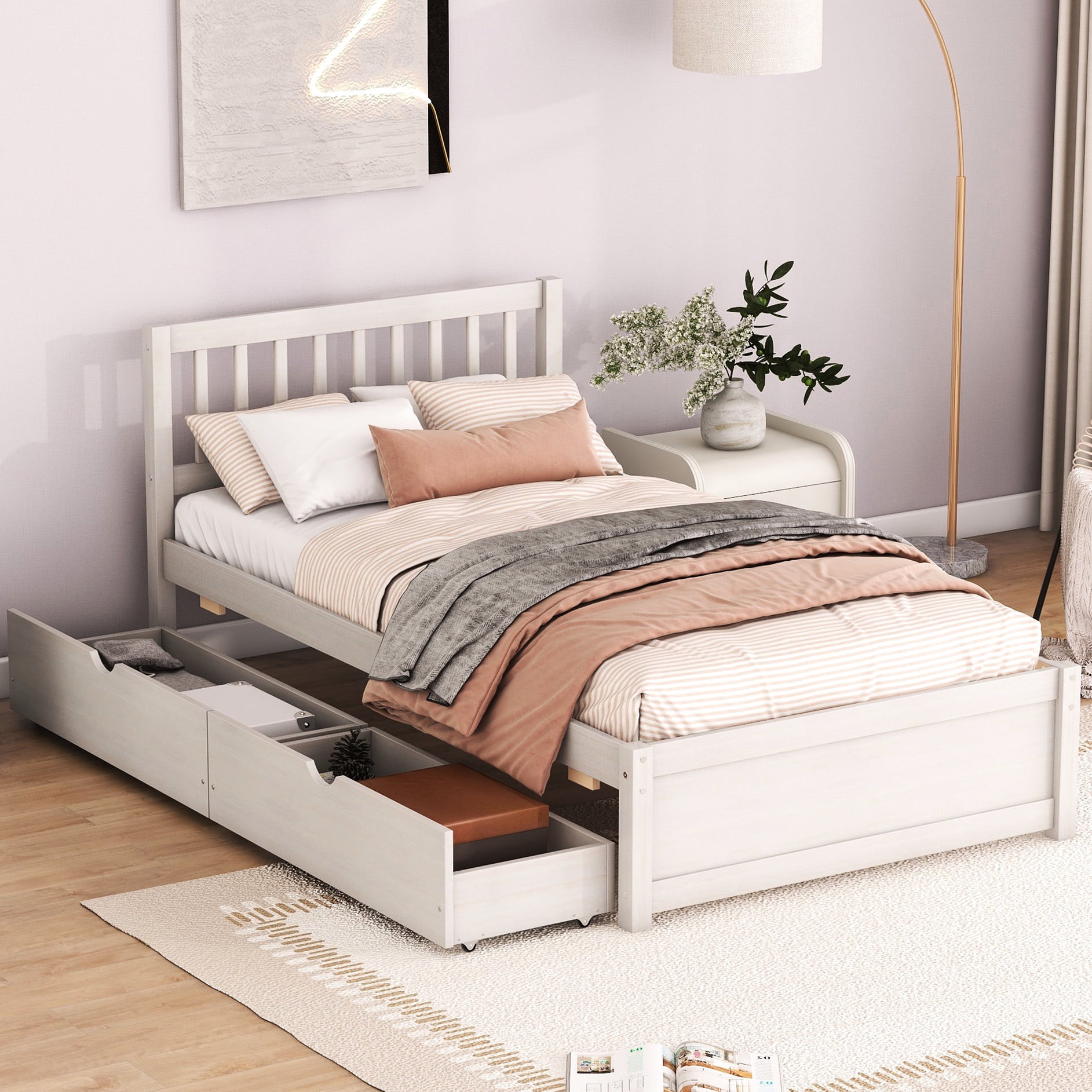 Modern Twin Bed With 2 Practical Storage Drawers In White Wash ...