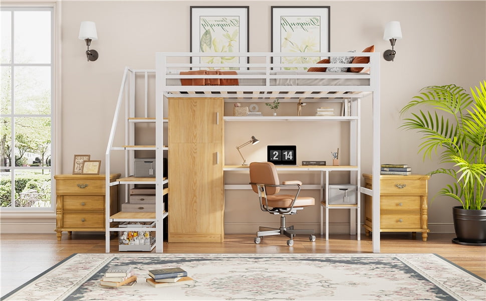 Modern Twin Loft Bed with I-Shaped Desk & Storage Staircase, Sturdy ...