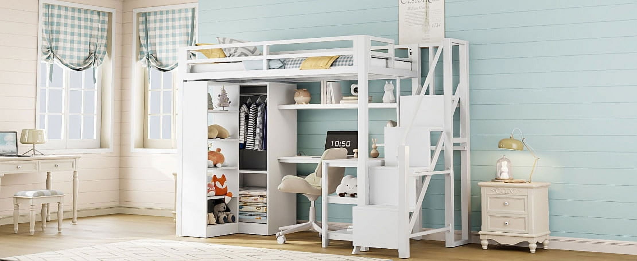 Modern Twin Loft Bed with L-Shaped Desk & Two Storage Racks, Sturdy ...