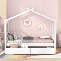 Double Twin Size Triangular House Platform Beds with Built-in Table for ...