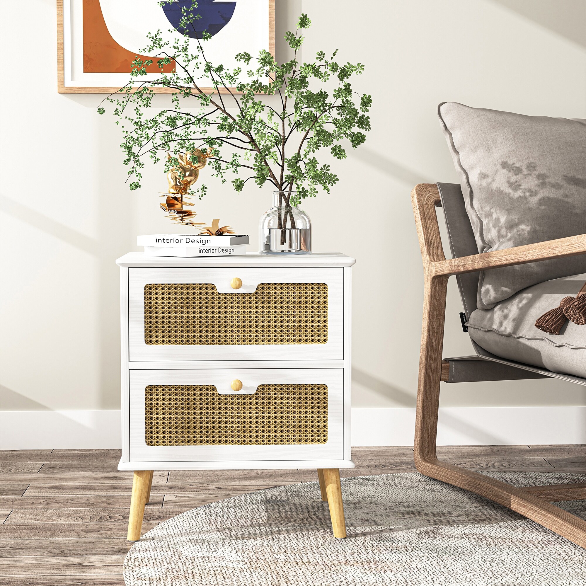 Modern Two-Color MDF Bedside Table With Two Rattan Drawers White ...