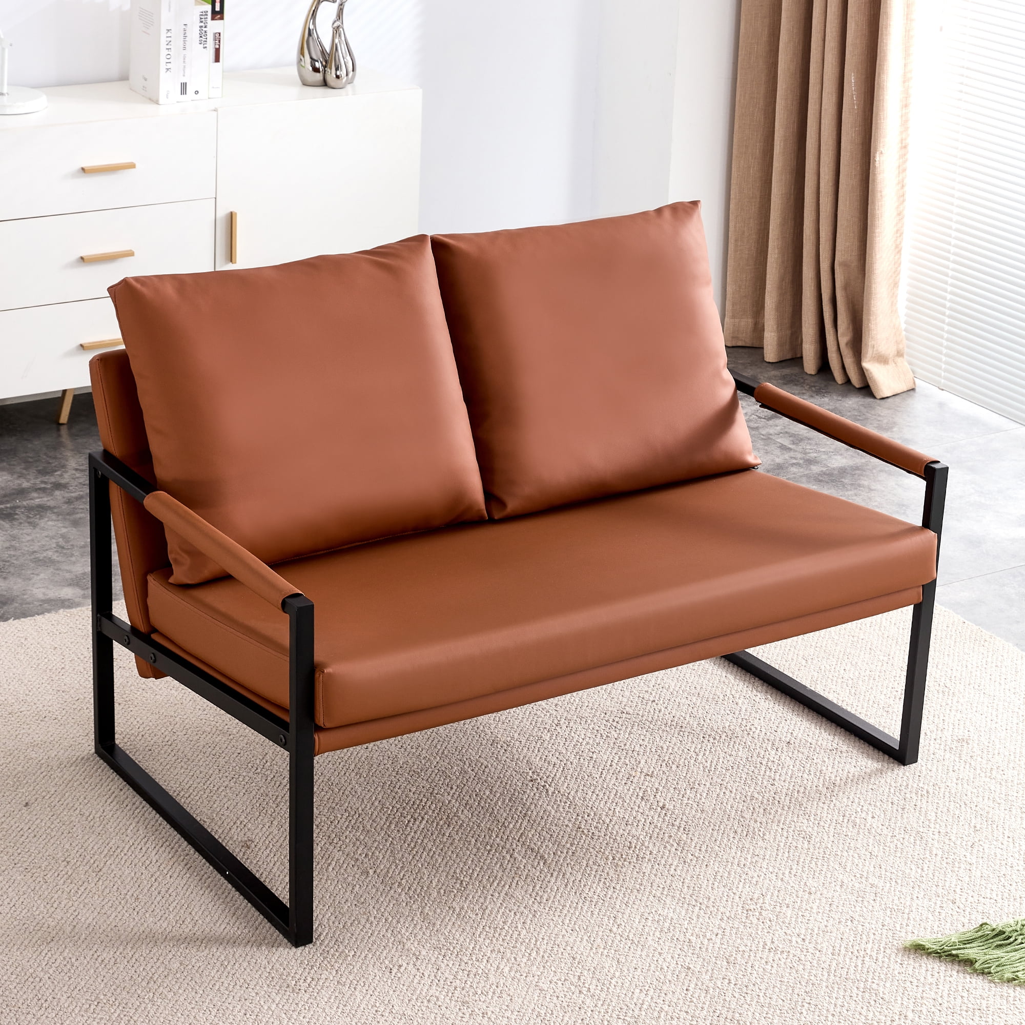 Modern Two-Seater Sofa Chair with 2 Pillows - PU Leather, High-Density ...