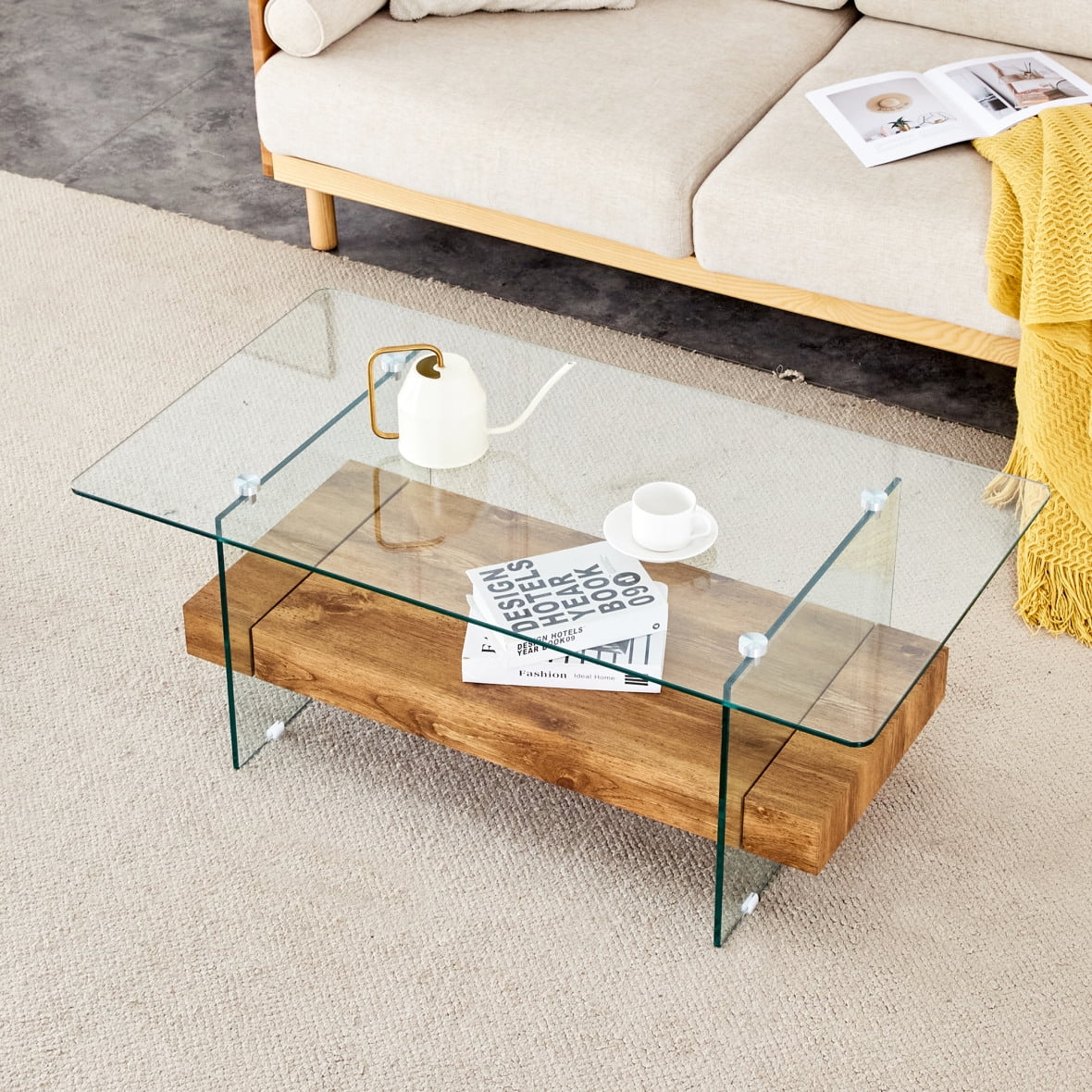 Modern Two-Tier Coffee Table with Clear Glass & Light Wood - Space ...