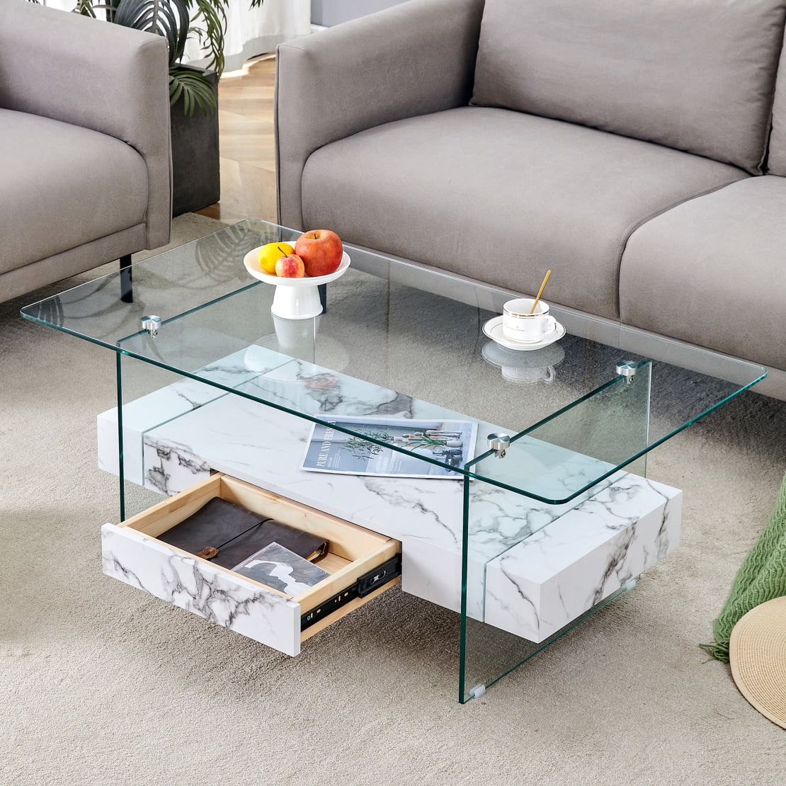 Modern Two-Tier Coffee Table with Clear Tempered Glass & Natural Wood ...