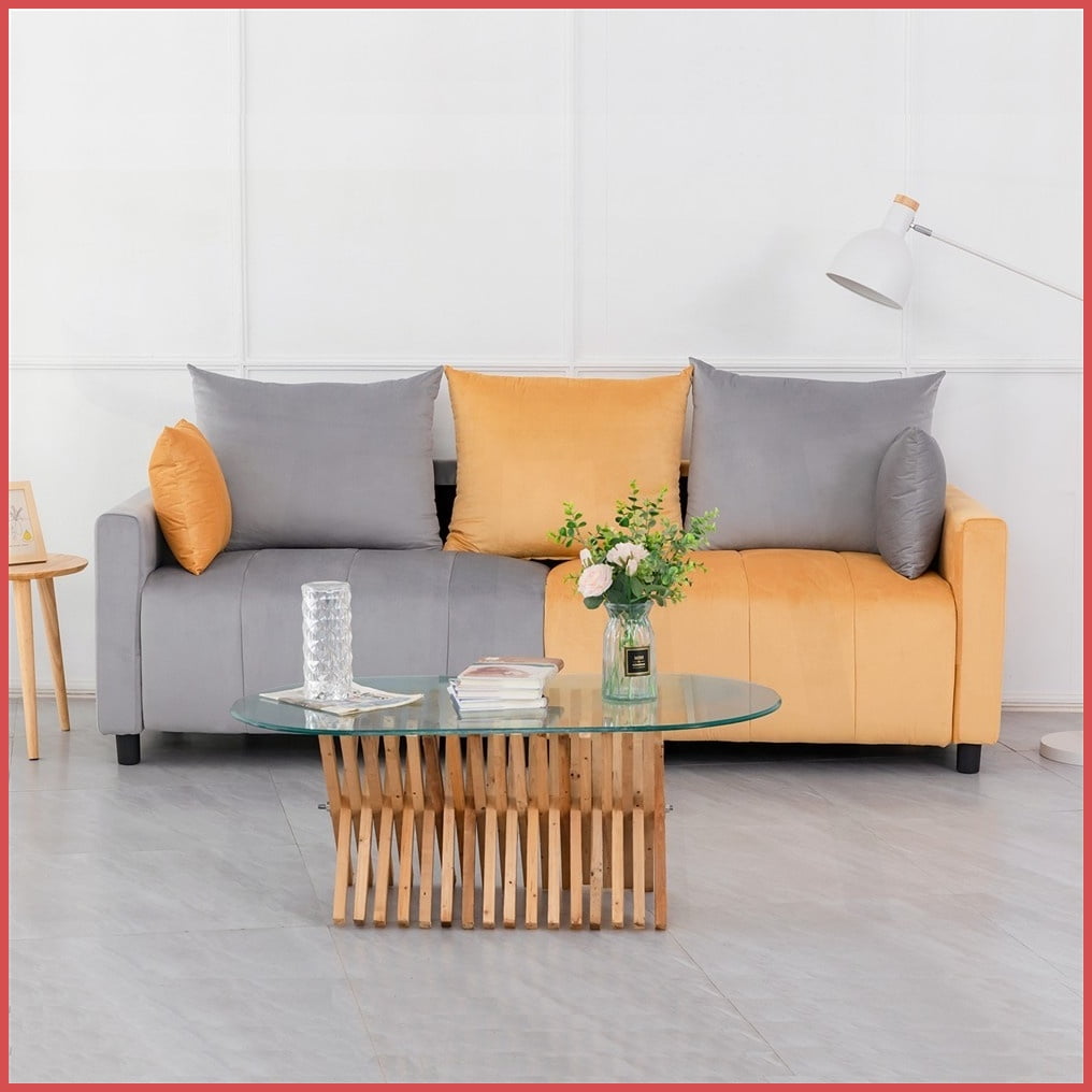 Modern Two-Tone 2-Seater Dutch Velvet Sofa - 82.6” Light Grey & Yellow ...