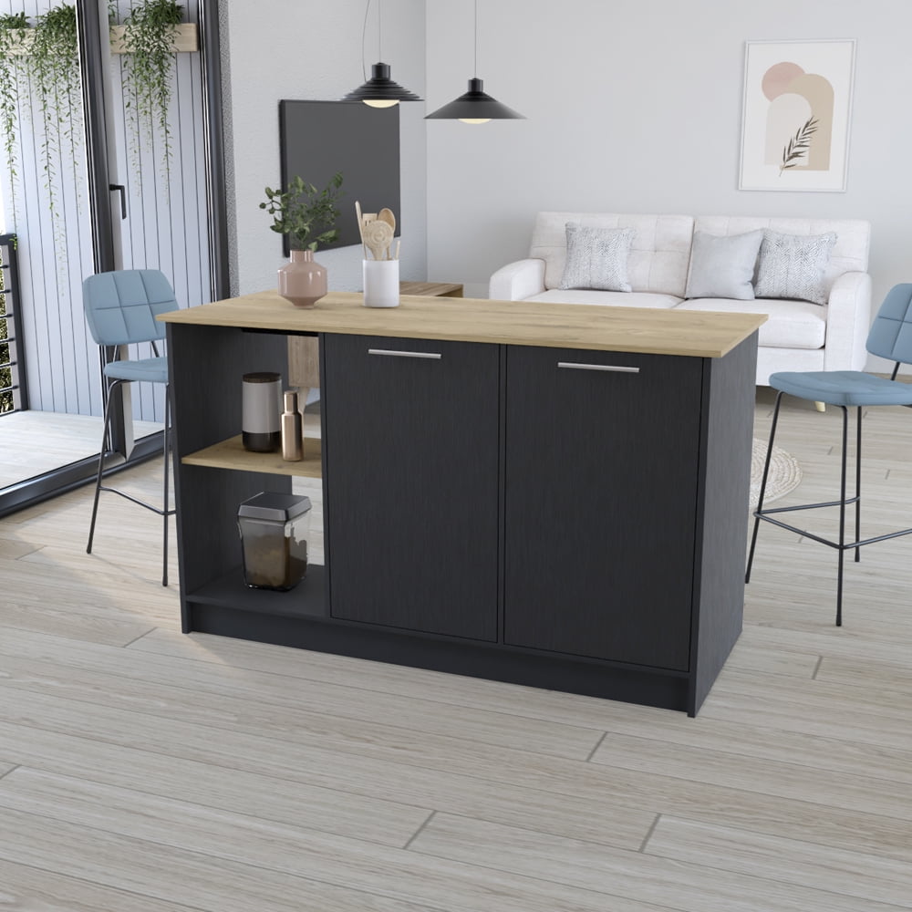 Modern Two-Tone Kitchen Island with Lockable Wheels & Storage – Black ...