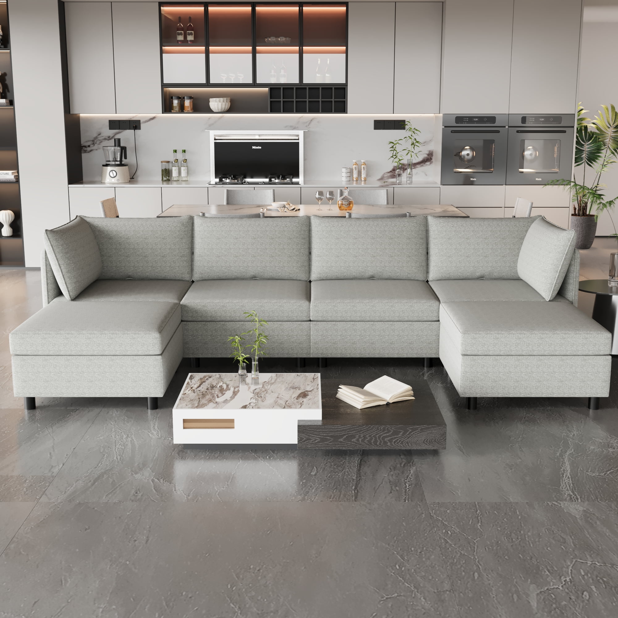 Modern U Shape Modular Sofa, Convertible Sectional Couch with Storage Ottomans for Living Room ...