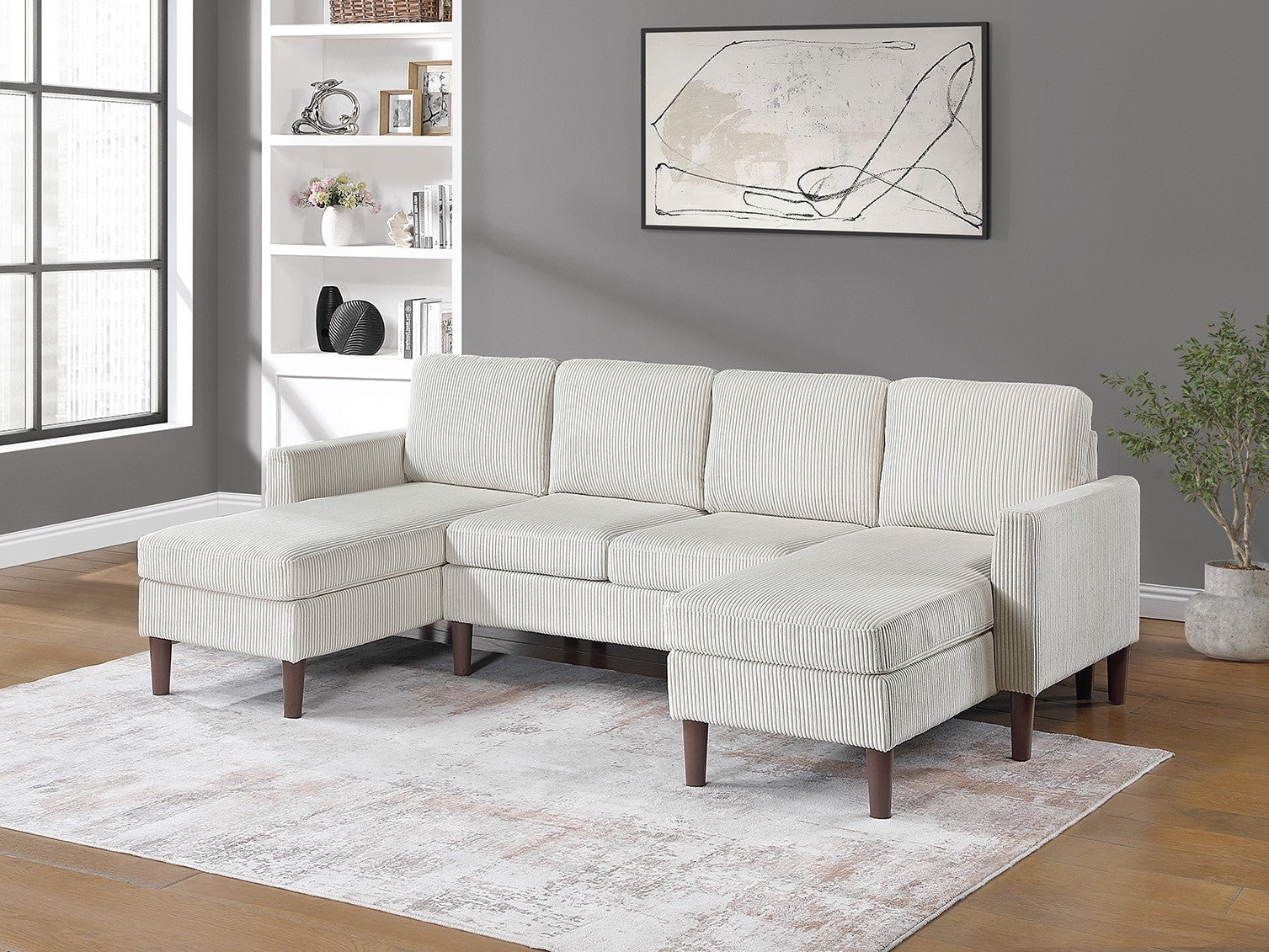 Modern U-Shaped 3pc Sectional Set Beige Corduroy Dual Chaises And Armless Loveseat Living Room ...