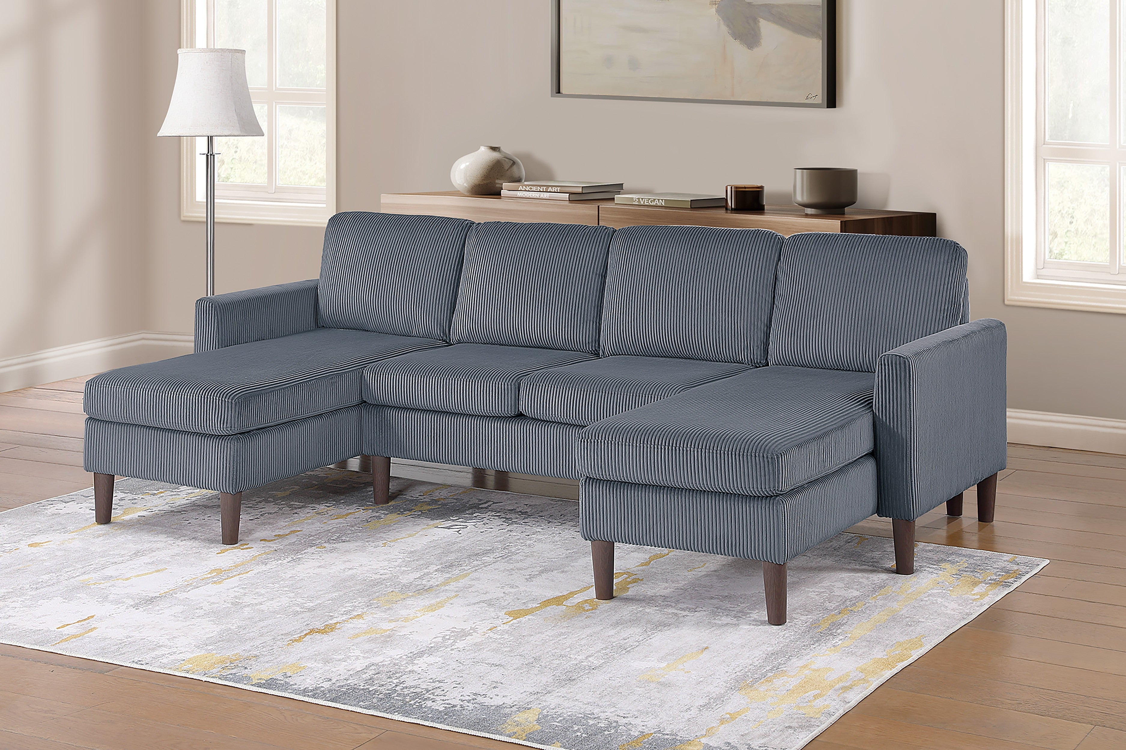 Modern U-Shaped 3pc Sectional Set Dark Gray Corduroy Dual Chaises And Armless Loveseat Living ...
