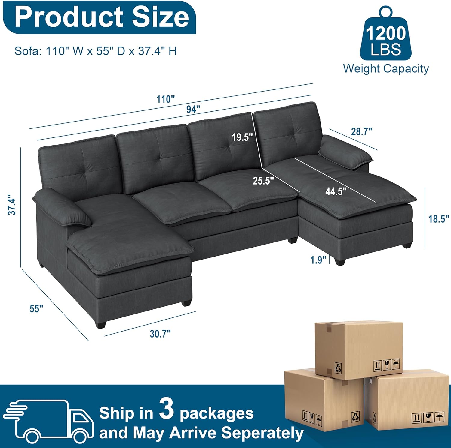Modern U Shaped Sectional Couch with Double Chaise, Black - Comfortable ...