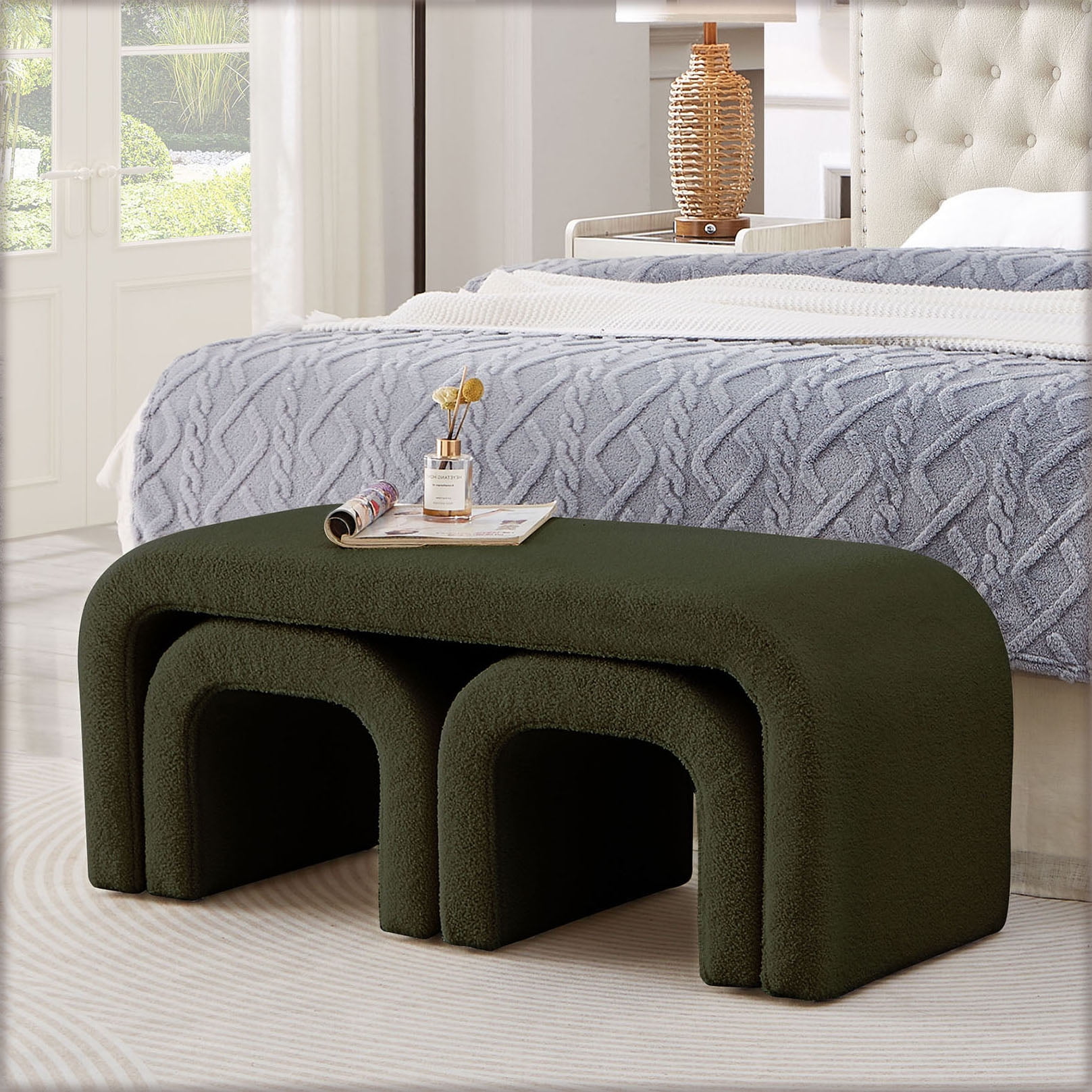 Modern U-Shaped Teddy Ottoman Set of 3 with Soft Beige Canvas 44 " and ...