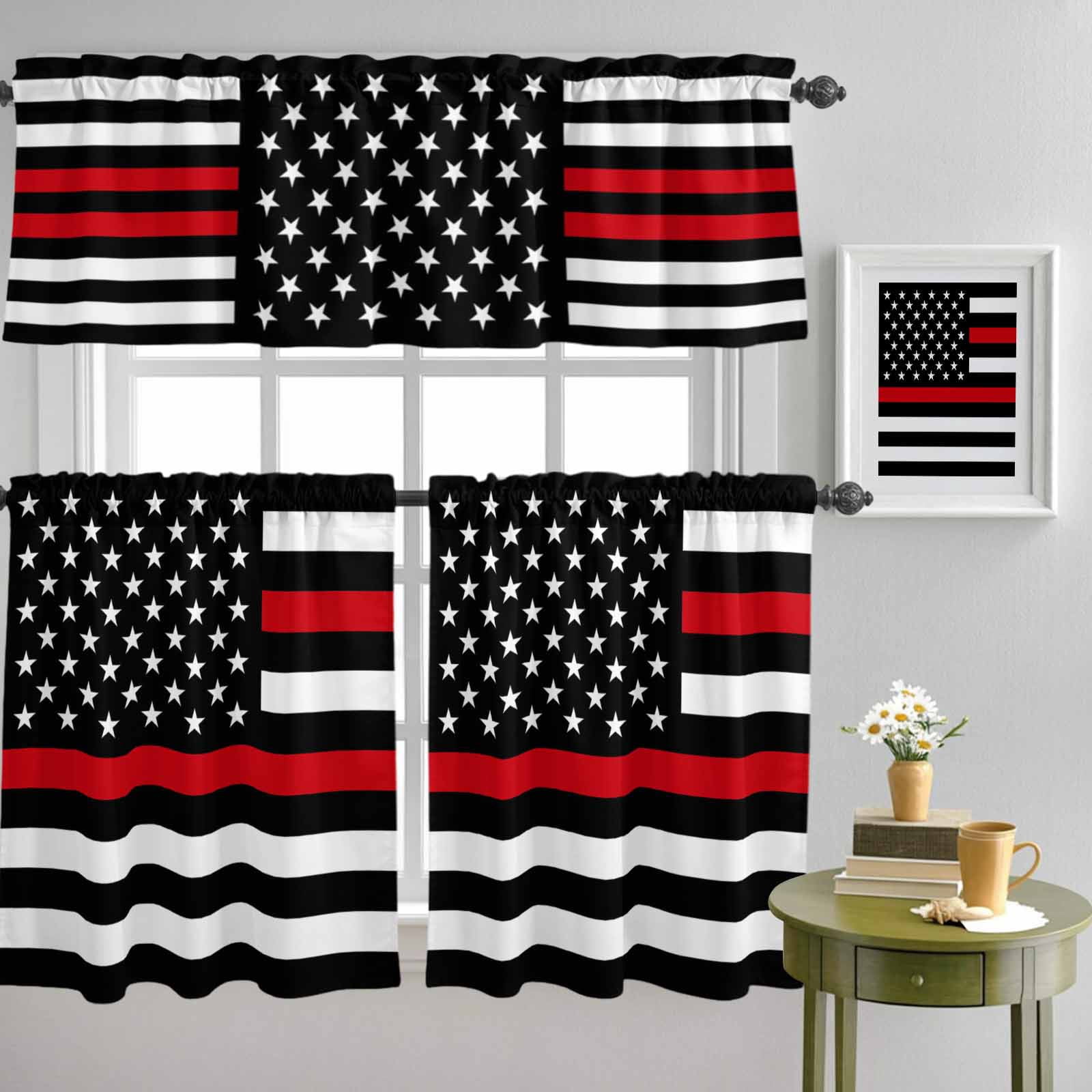 Modern USA Stripe Star Flag Curtain Tier and Valance Set 3 Piece ...