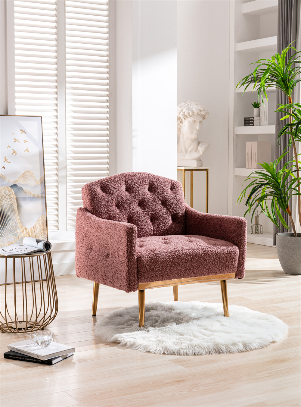 Modern Upholstered Accent Chair, Teddy Fabric Sofa Chair with Rose ...