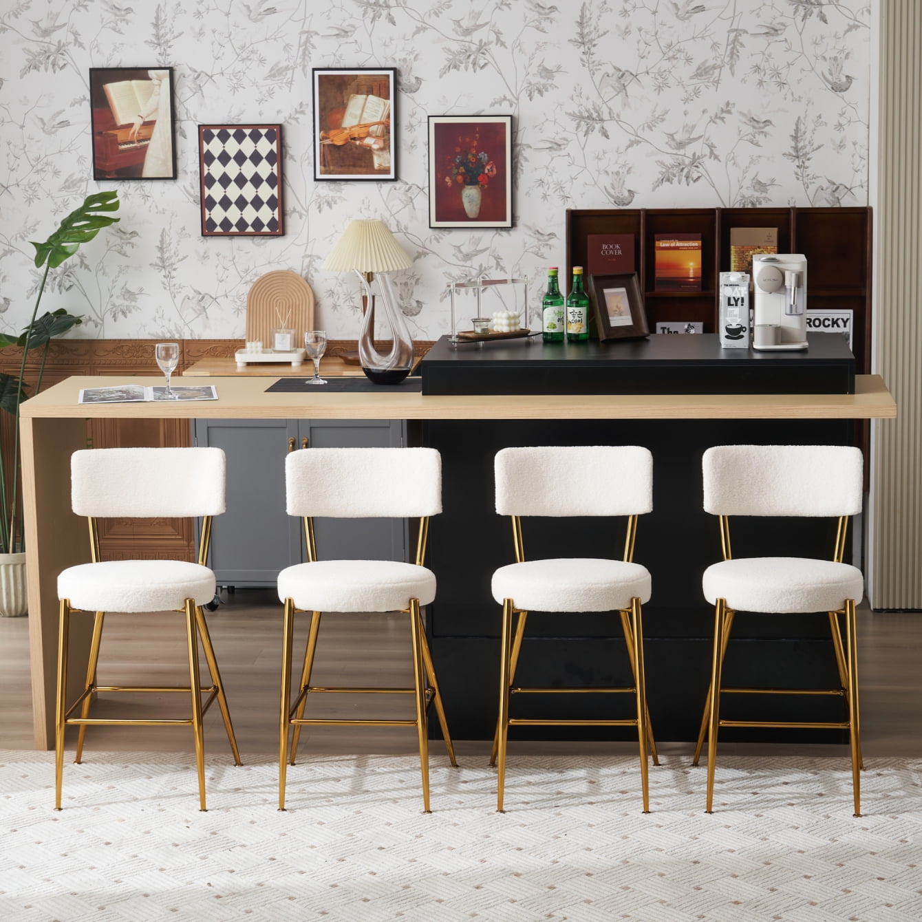 Modern Upholstered Bar Stool Set of 4, Teddy Fabric Kitchen Chair with ...