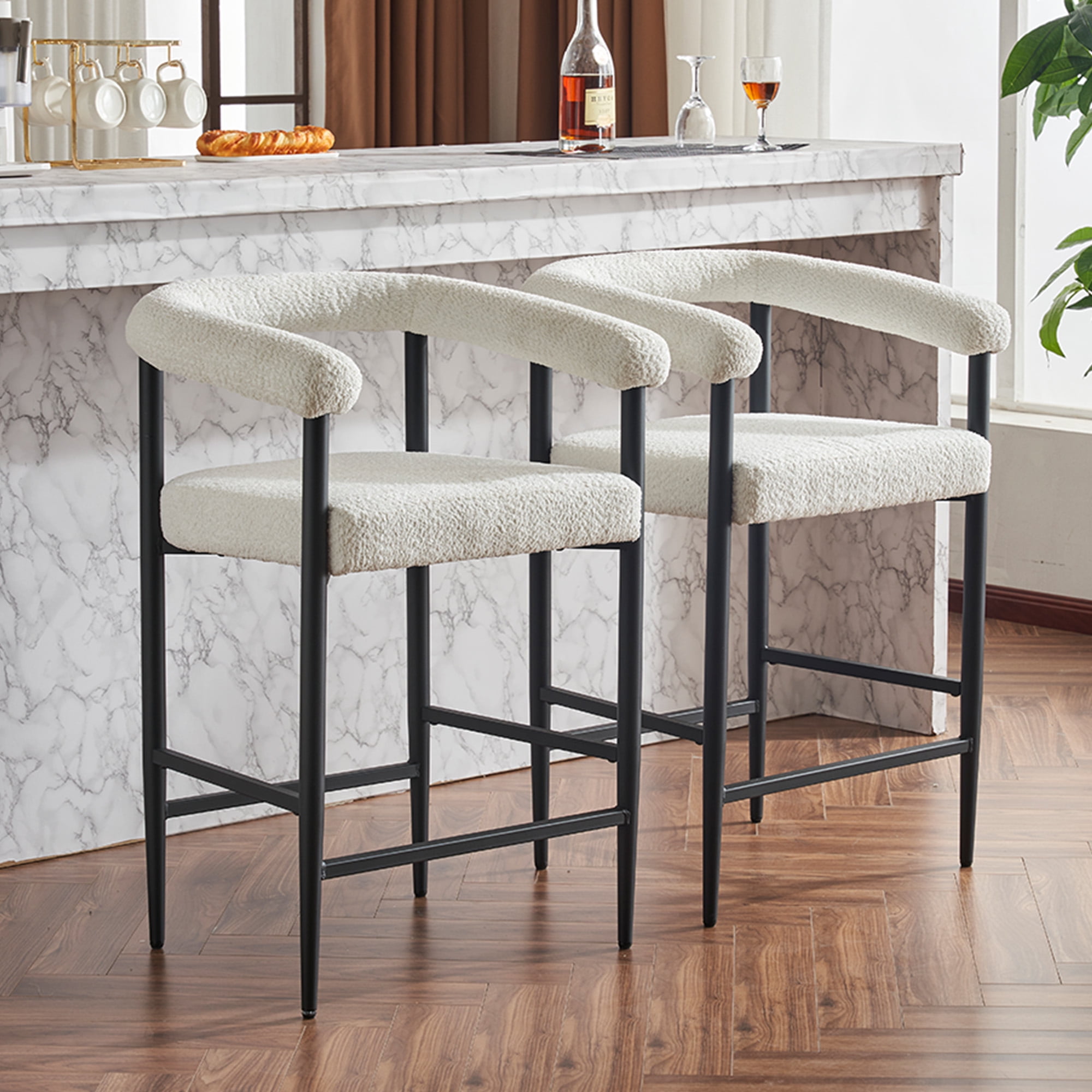 Modern Upholstered Bar Stools Set of 2, Boucle Fabric Counter Height ...