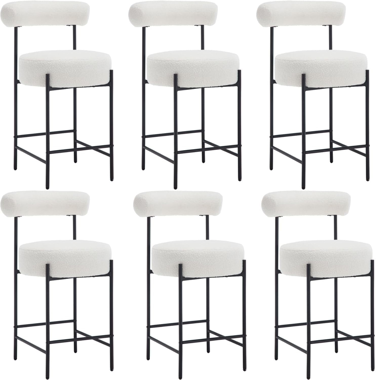 Modern Upholstered Bar Stools Set of 6 White Boucle Counter Stools with ...