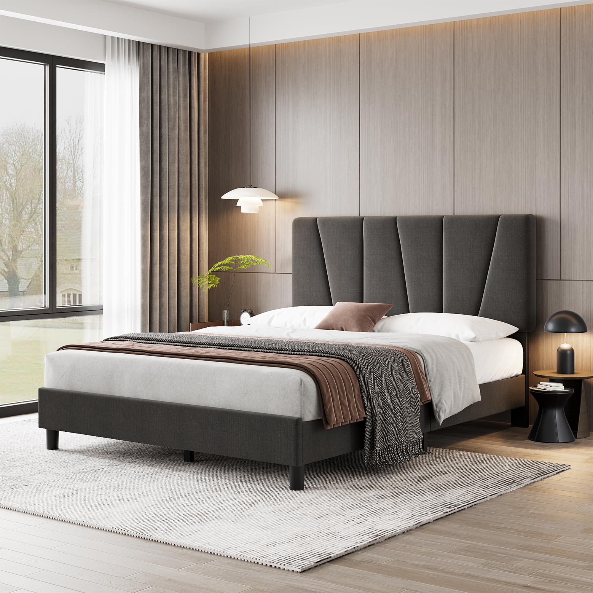 Modern Upholstered Bed Frame, Linen Platform Bedframe with Headboard ...