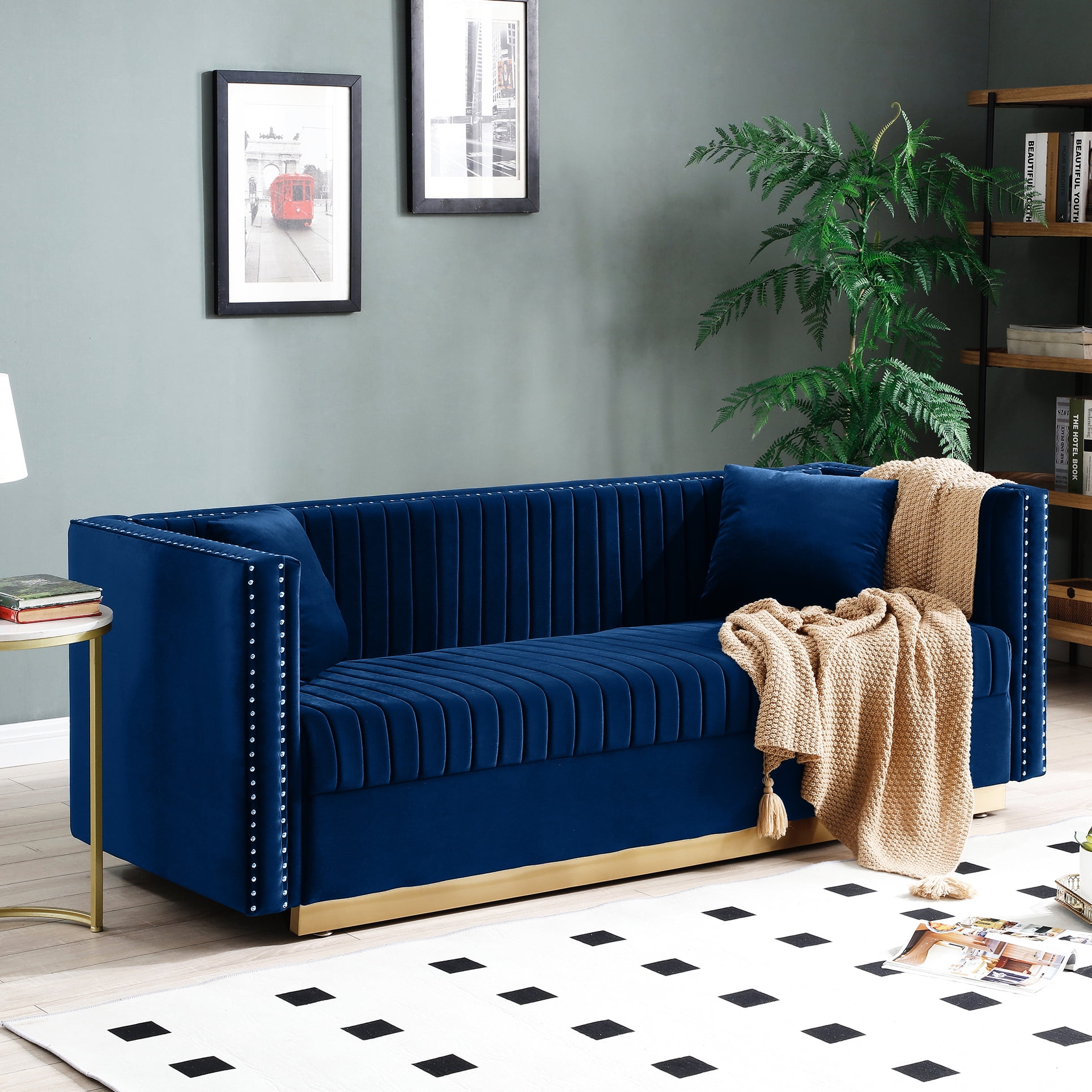 Modern Upholstered Blue Velvet , 3 Vertical Channel Couch For Apartment ...