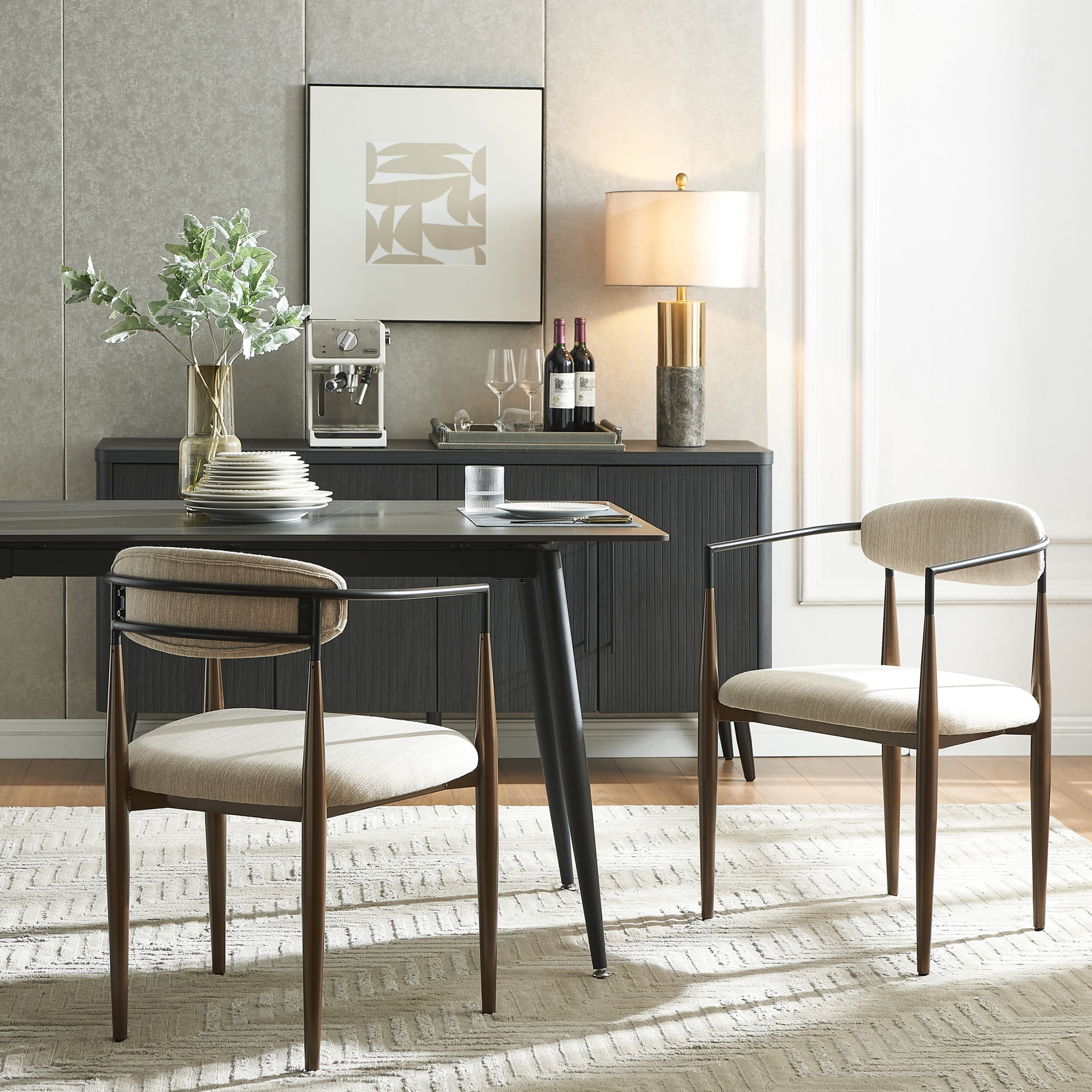 Modern Upholstered Dining Chairs with Toothpick Iron Frame, Beige+Black ...