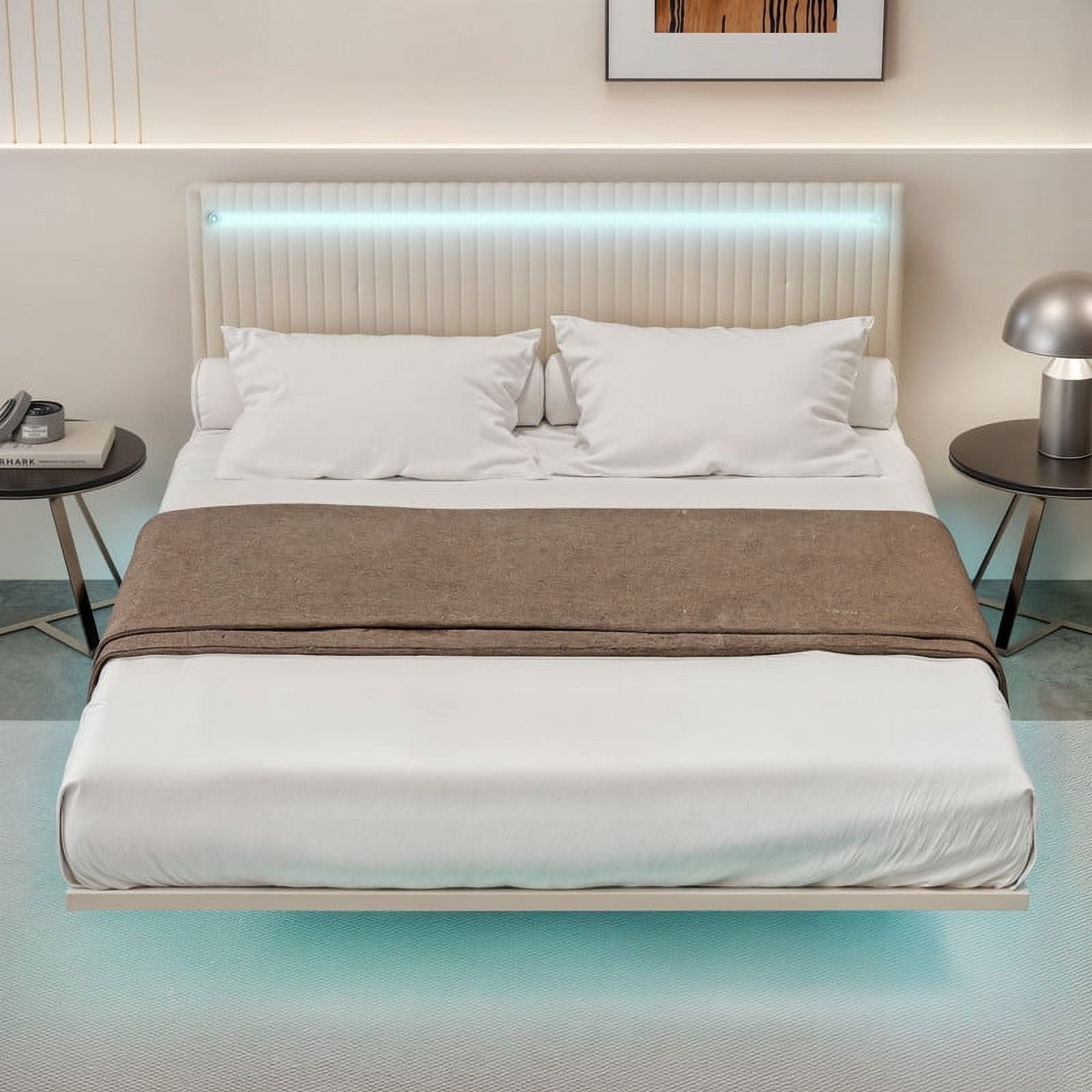 Modern Upholstered Floating Bed Frame with LED Lights, Vertical Channel ...
