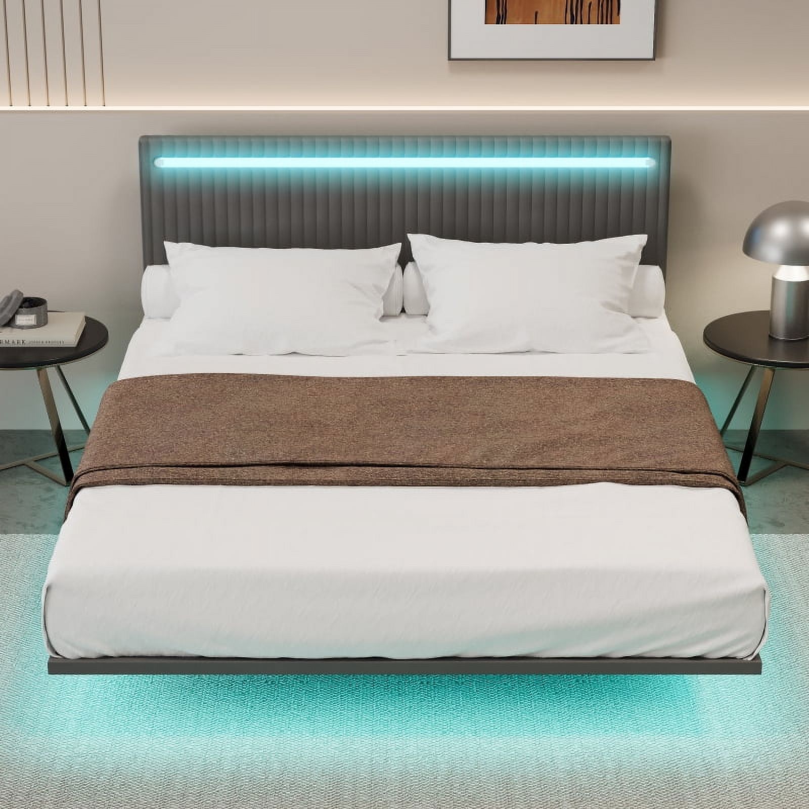 Modern Upholstered Floating Bed Frame with LED Lights, Vertical Channel ...