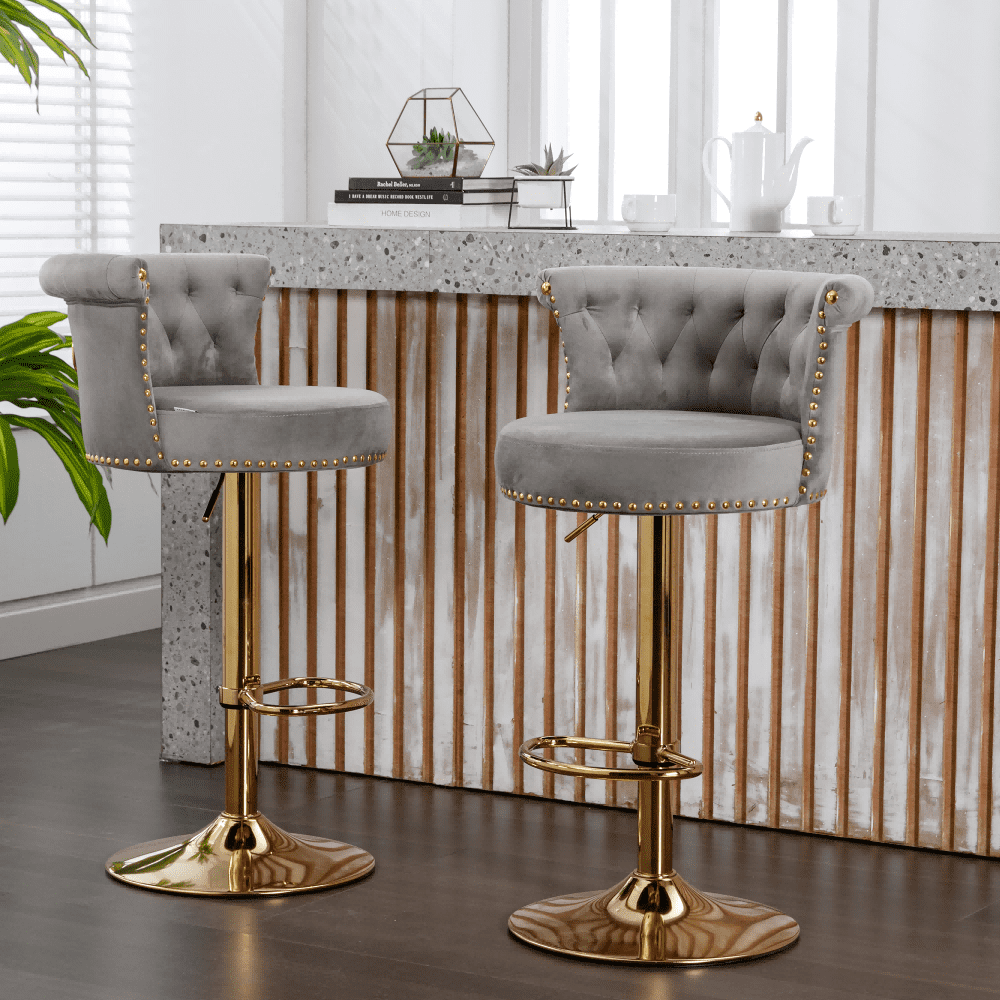 Modern Upholstered Kitchen Stool with Ring Pull Trim and Golden Base Swivel Bar Stools ...