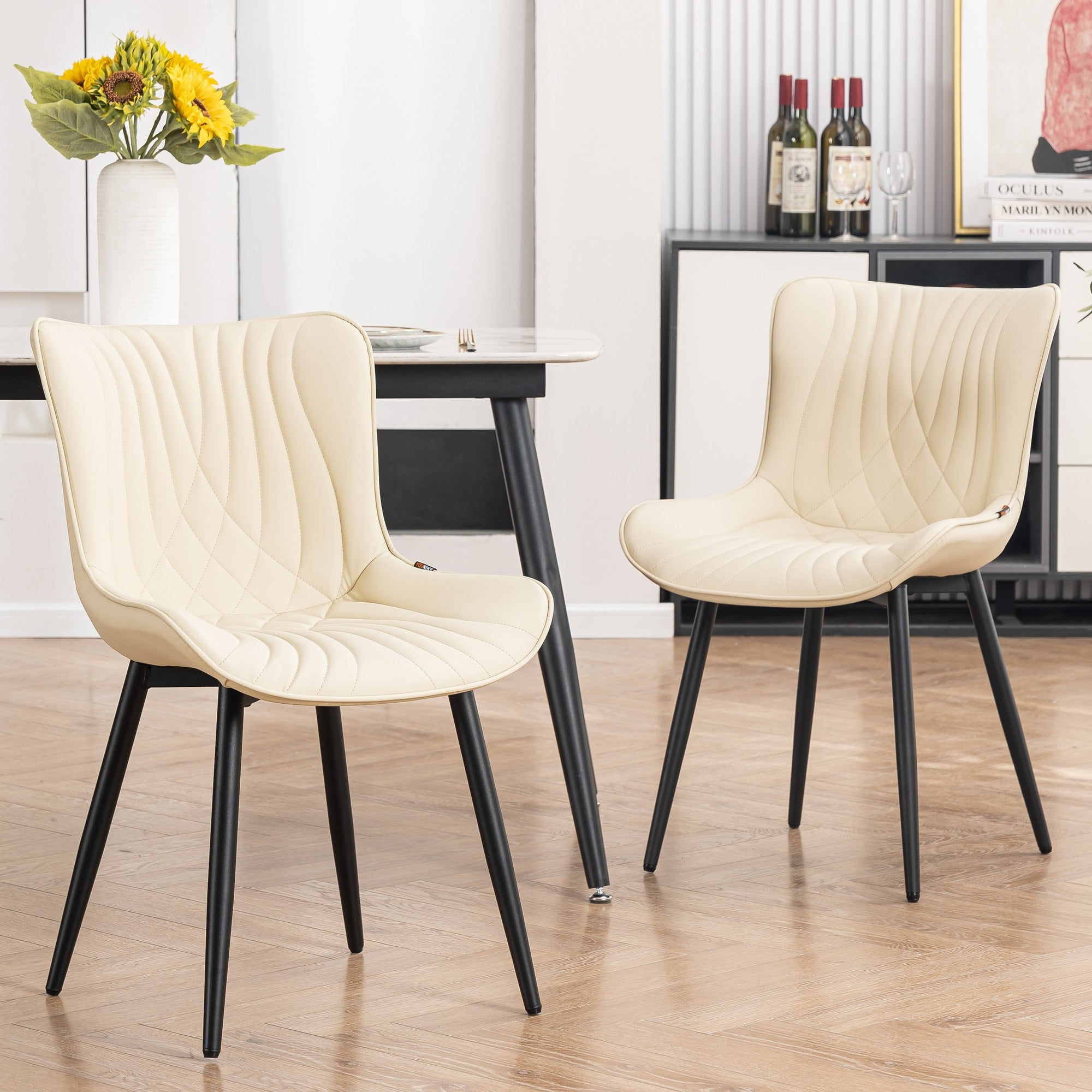 Modern Upholstered Leather Armless Dining Chairs Set of 2 Beige ...