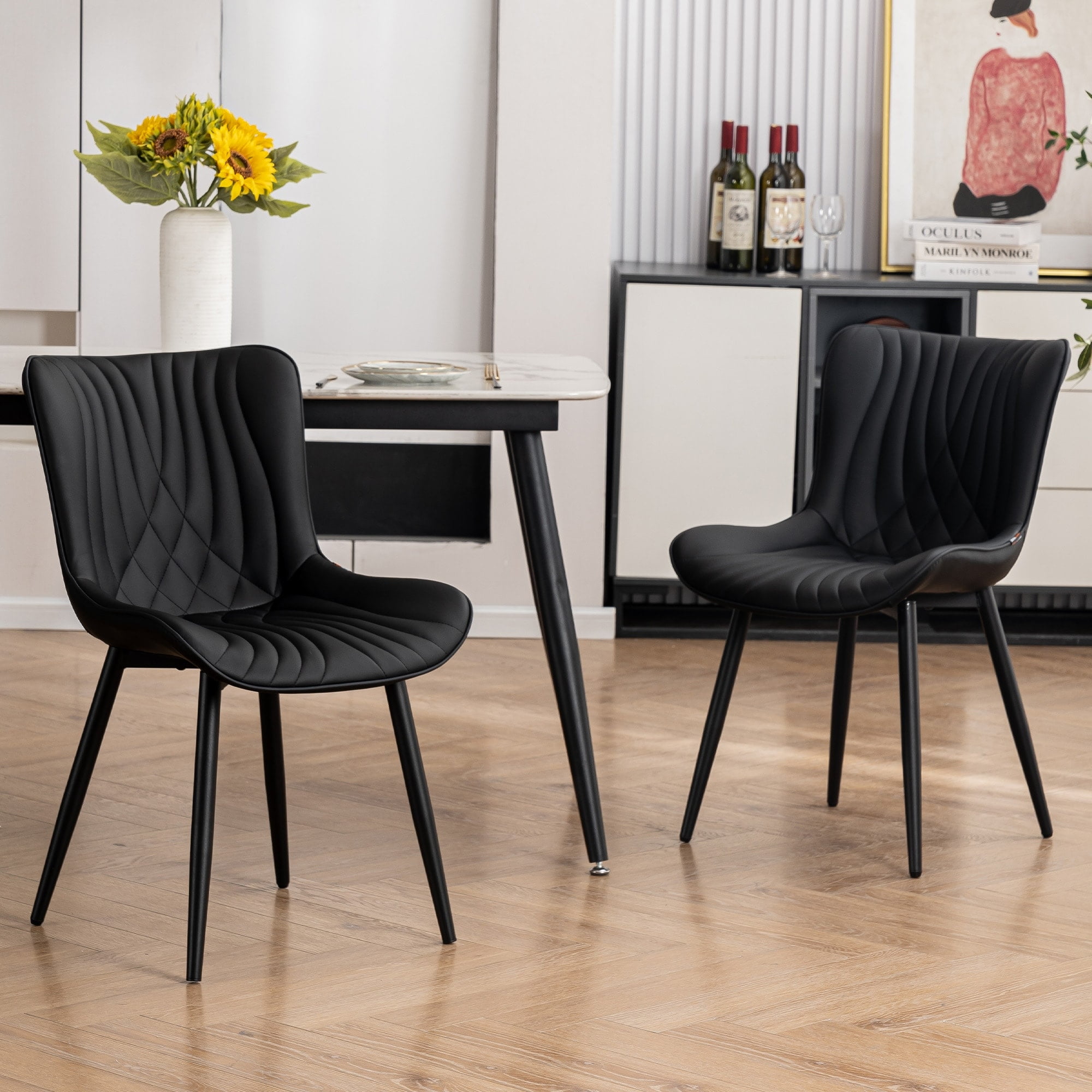 Modern Upholstered Leather Armless Dining Chairs Set of 2 Black ...