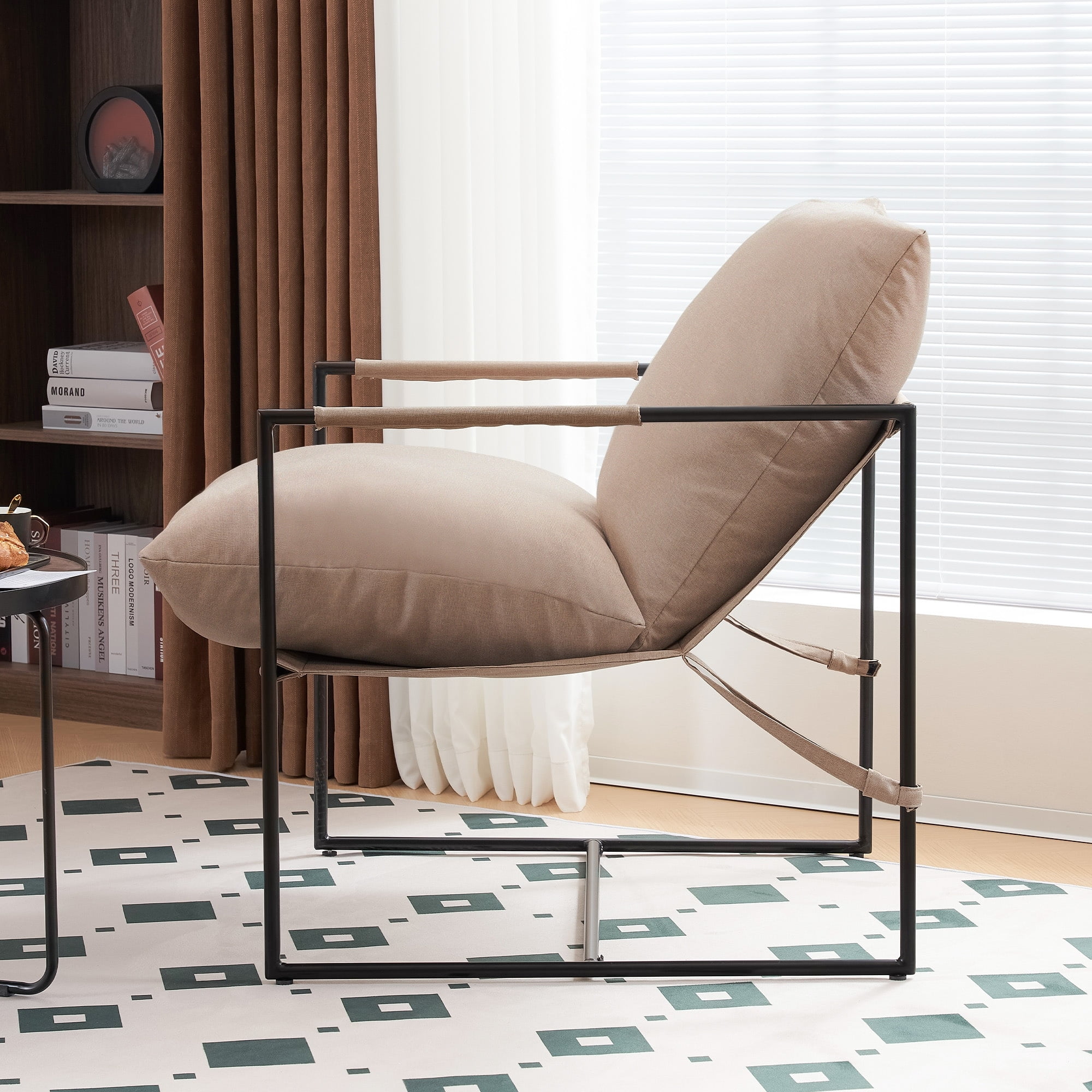 Modern Upholstered Metal Frame Sling Accent Chair for Living Room Beige ...