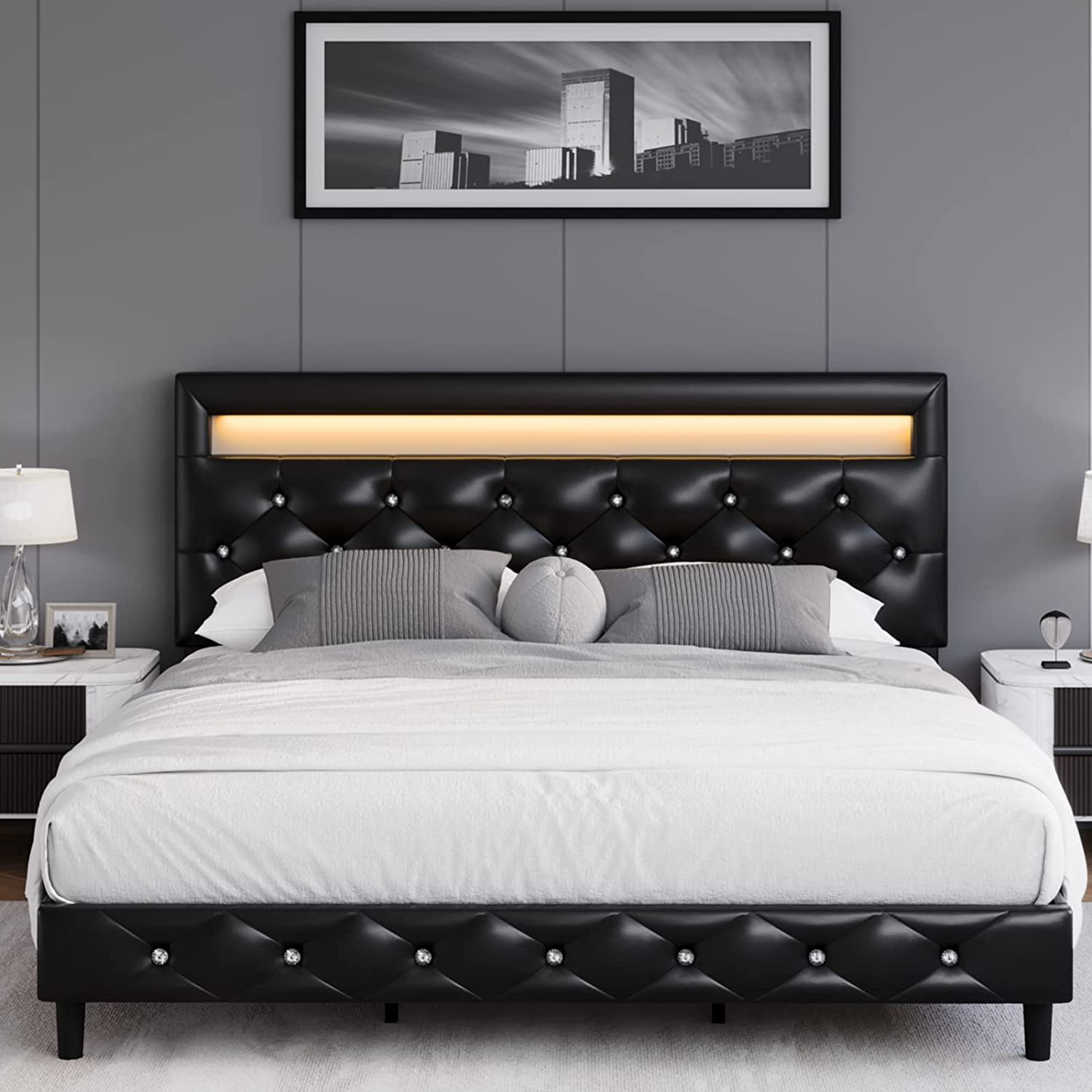 Modern Upholstered Platform Bed Frame with LED Headboard Faux Leather ...