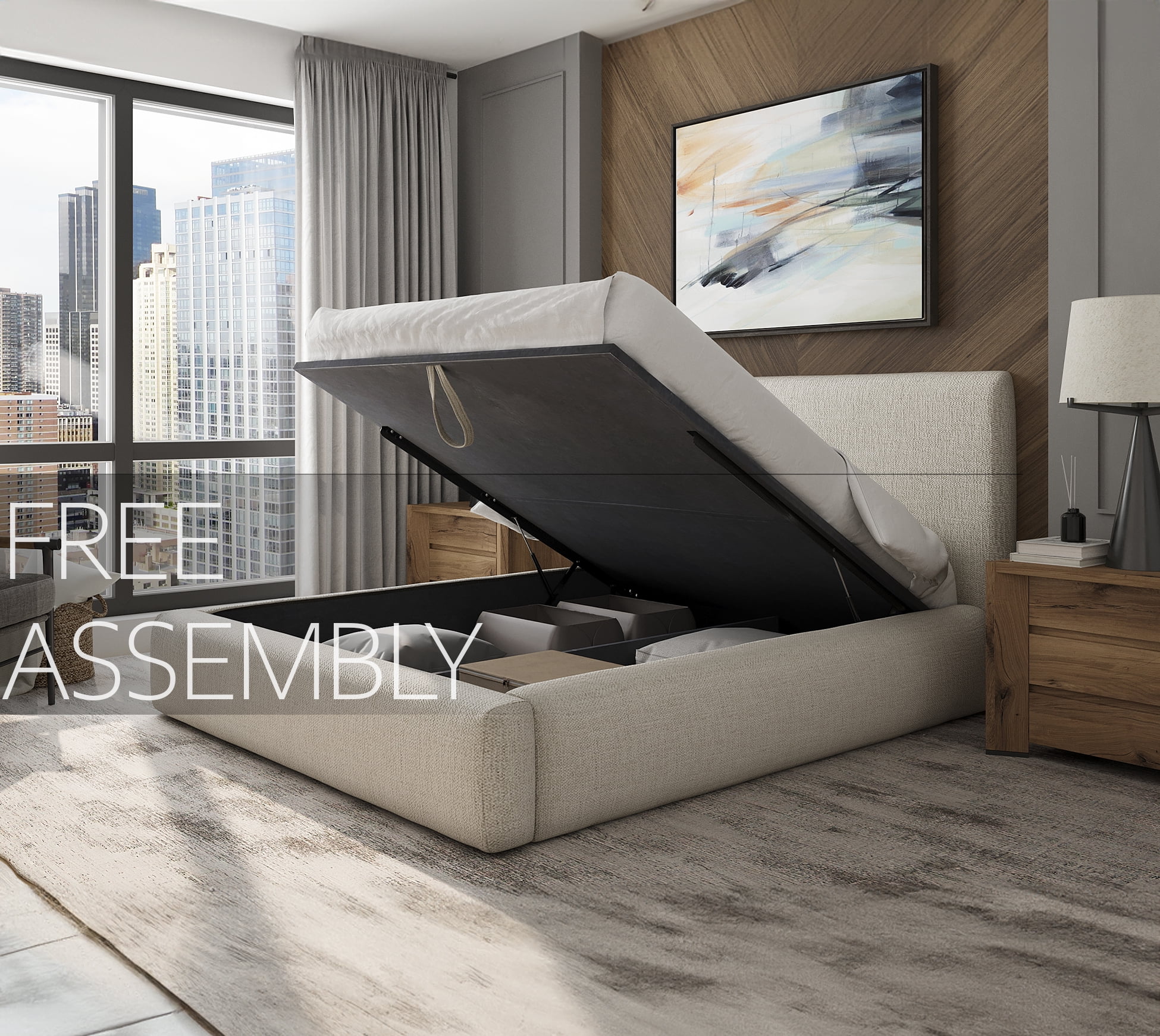 Modern Upholstered Platform Bed with Storage, Lift-Up Frame, Cream ...