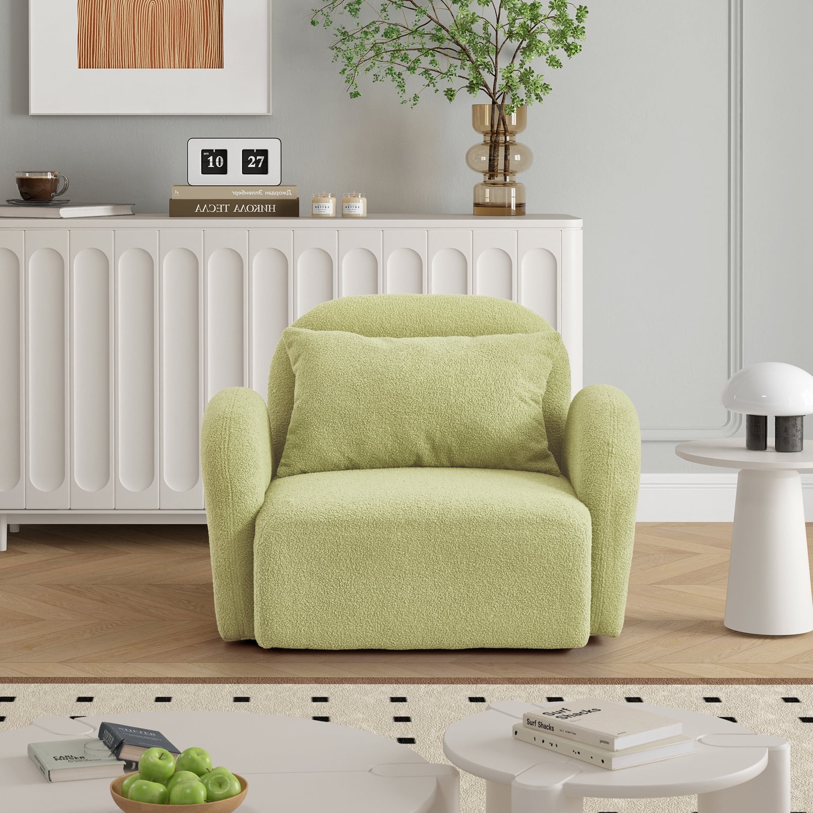 Modern Upholstered Single Sofa with Pillows, Teddy Fabric Couch with ...