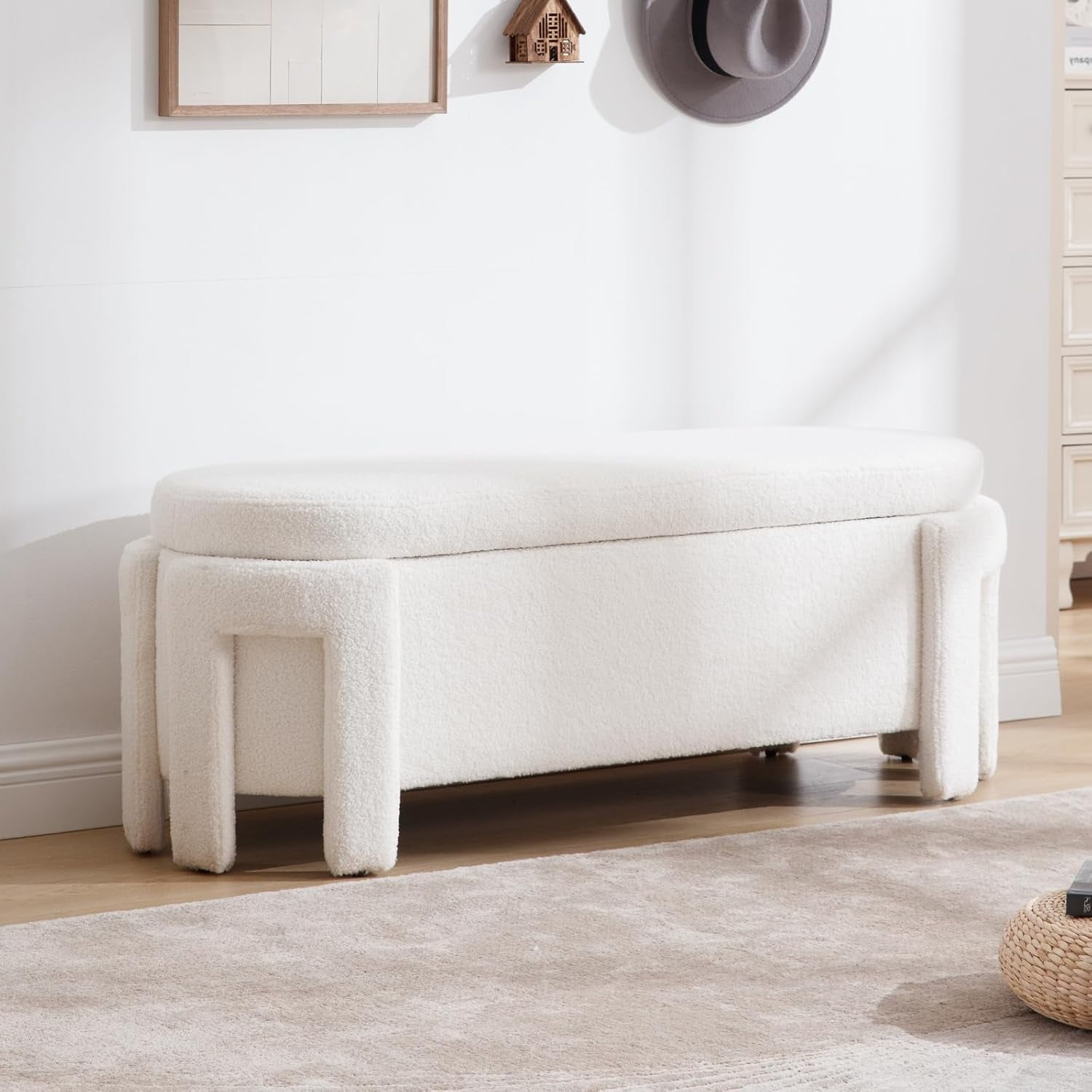 Modern Upholstered Storage , Boucle Sherpa Fabric 50" Long Entryway ...
